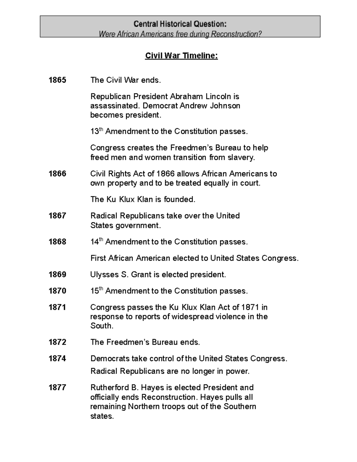 Civil War Reconstruction: Key Events and Amendments (HIST 101) - Studocu