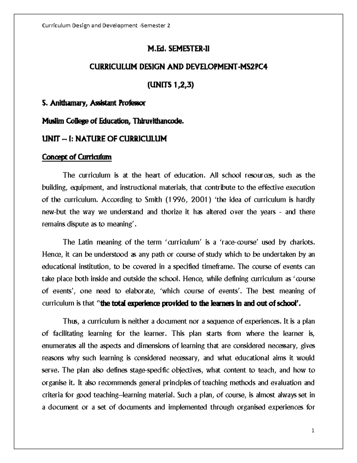 Curriculum Design and Development 2: Key Concepts and Foundations - Studocu