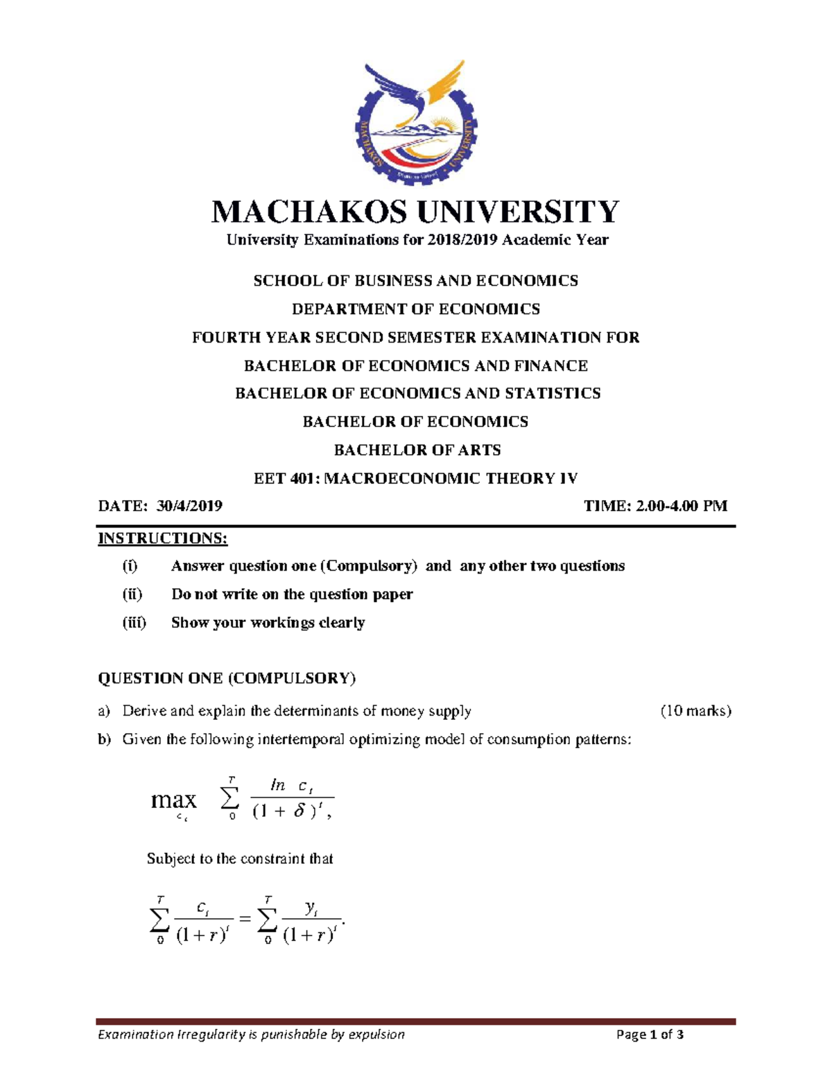 EET 401: Macroeconomic Theory IV - Regular Exam Past Papers - Studocu
