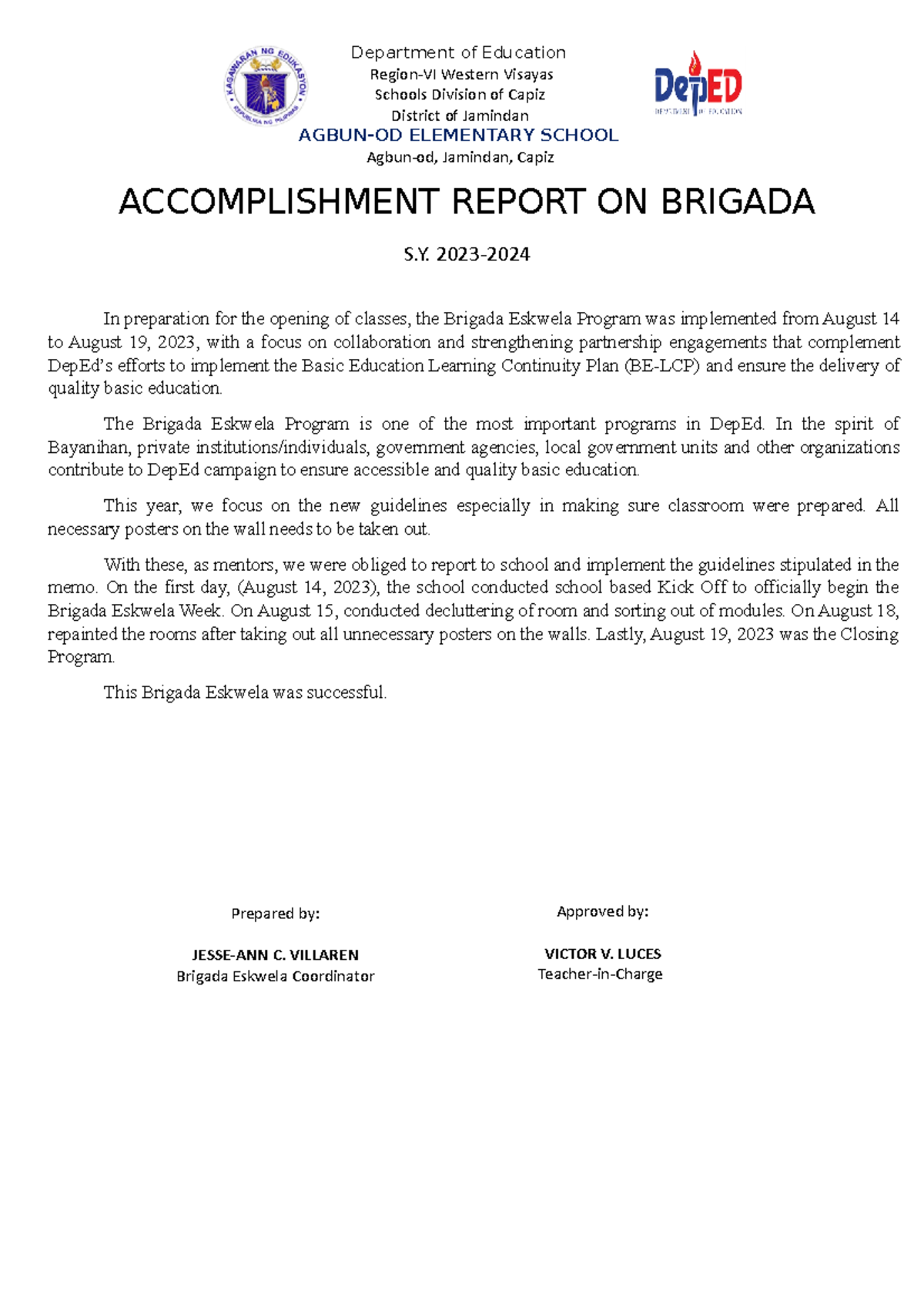 Brigada Eskwela Program Accomplishment Report S.Y. 2023-2024 - Studocu