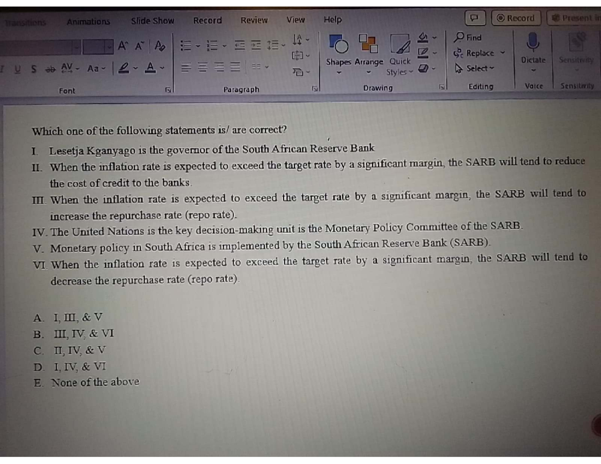 Quiz on South African Monetary Policy - Studocu