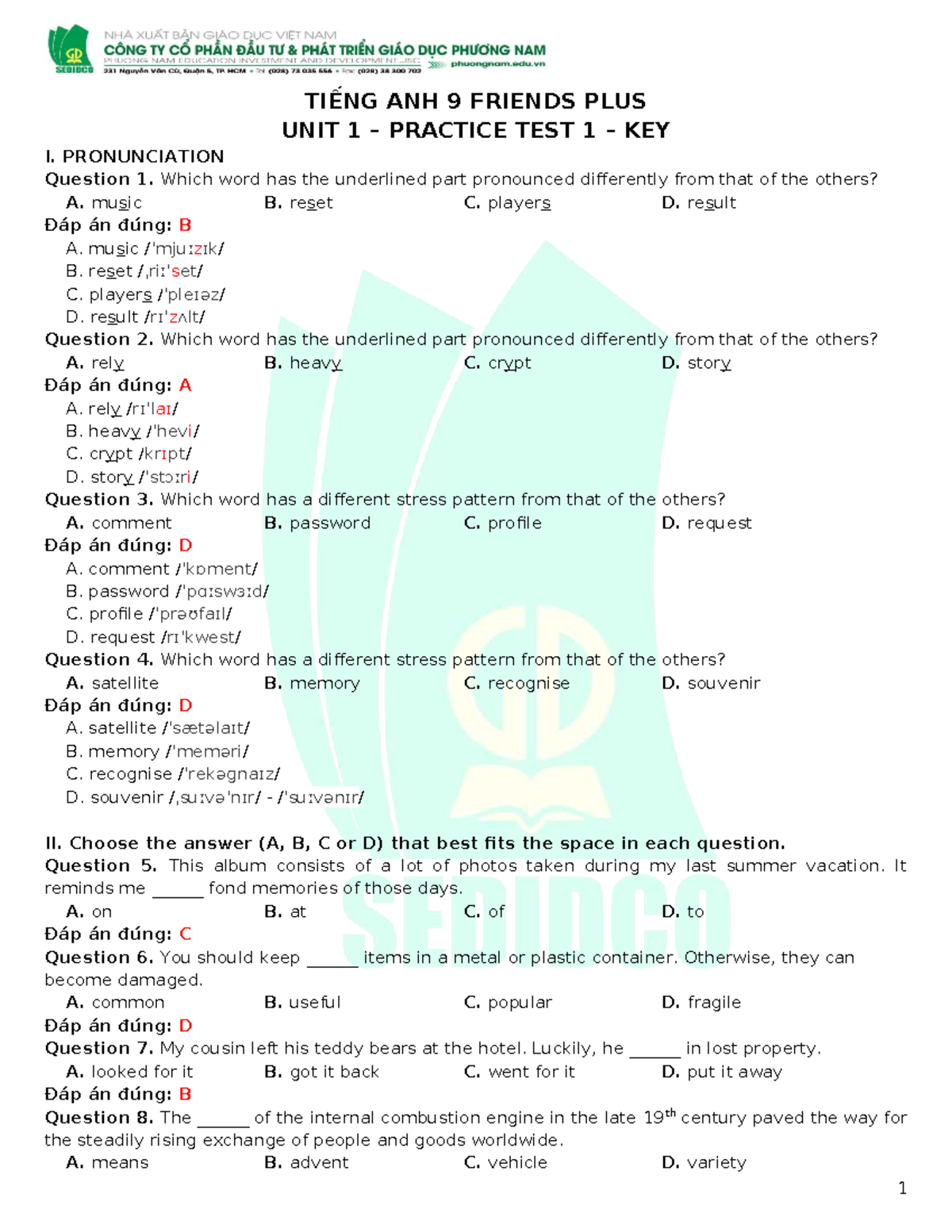 TIẾNG ANH 9 FRIENDS PLUS UNIT 1 PRACTICE TEST 1 ANSWER KEY - Studocu