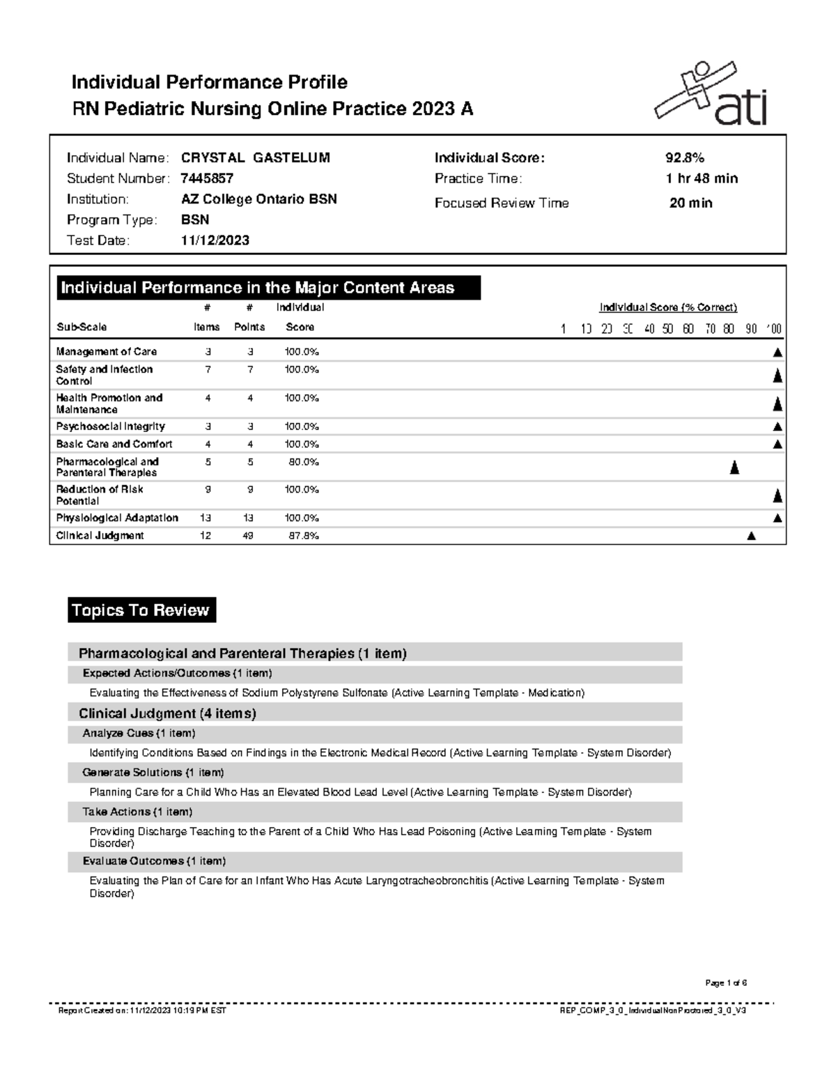 RN Pediatric Nursing ATI Score Report - Crystal Gastelum - Studocu