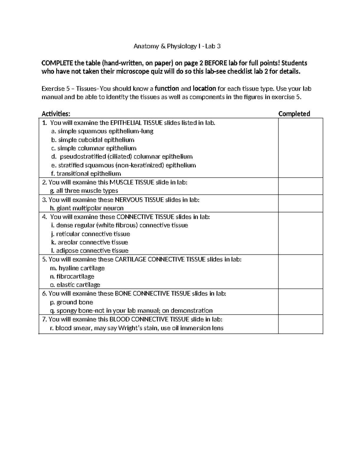 Anatomy Physiology I Lab 3 Checklist for Tissue Identification - Studocu
