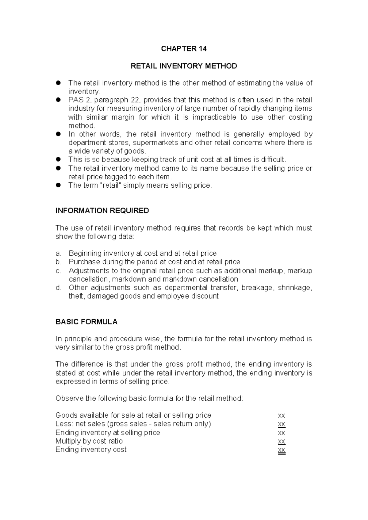 Chapter 14: Retail Inventory Method - Overview and Calculation - Studocu