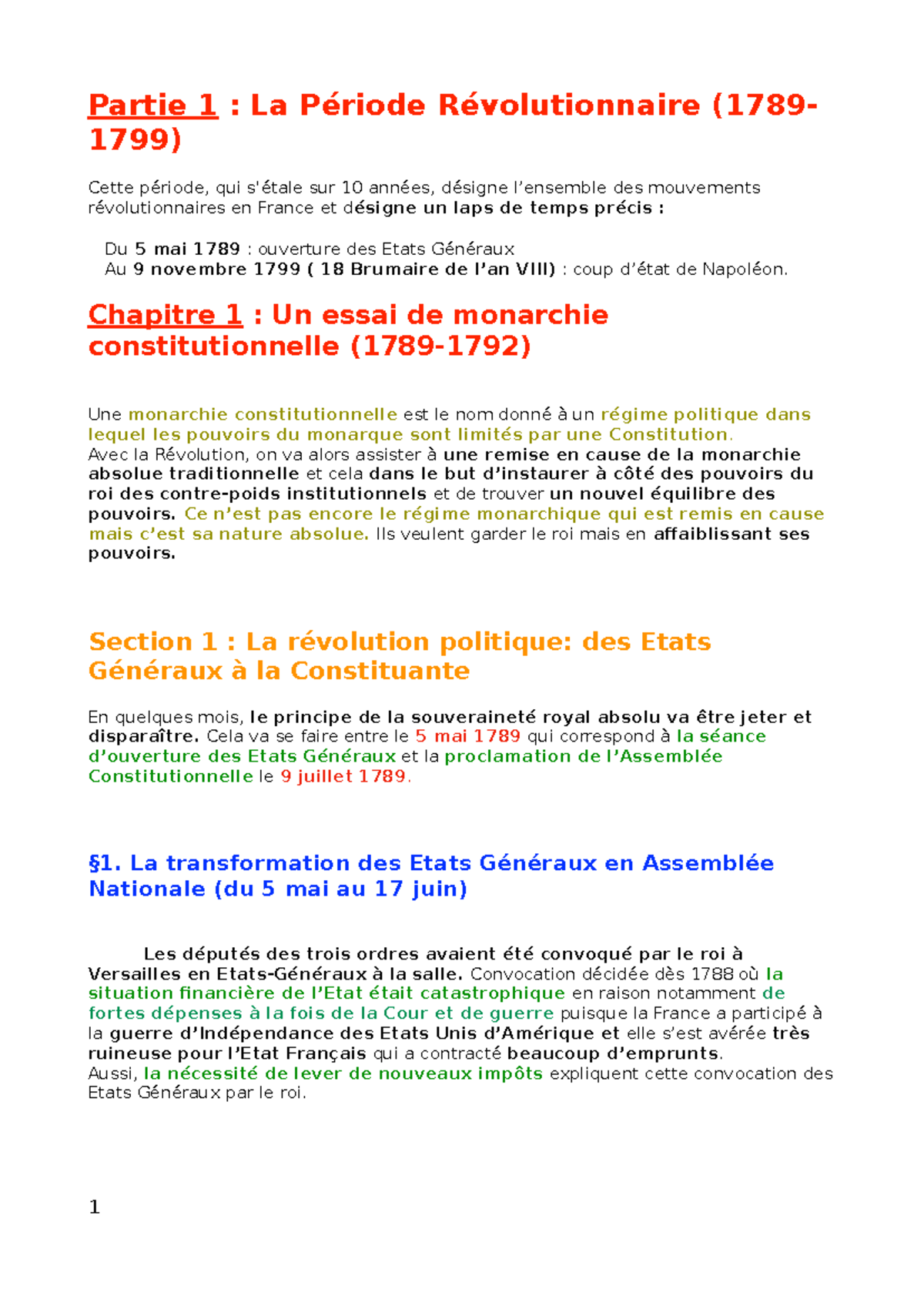 Partie 1 : La Période Révolutionnaire (1789-1799) - Chapitre 1 Histoire ...