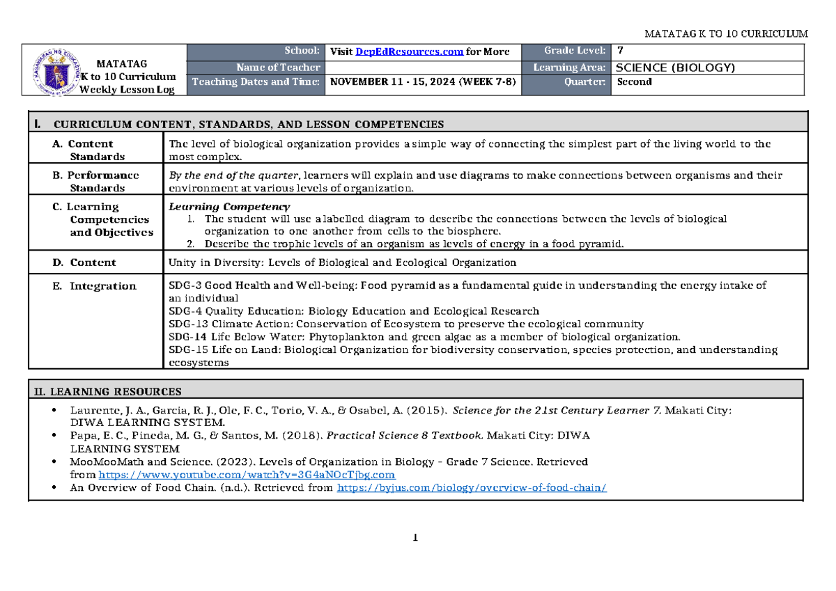 DLL Matatag Science 7 Q2 Week 7 Learning Activities and Strategies - Studocu