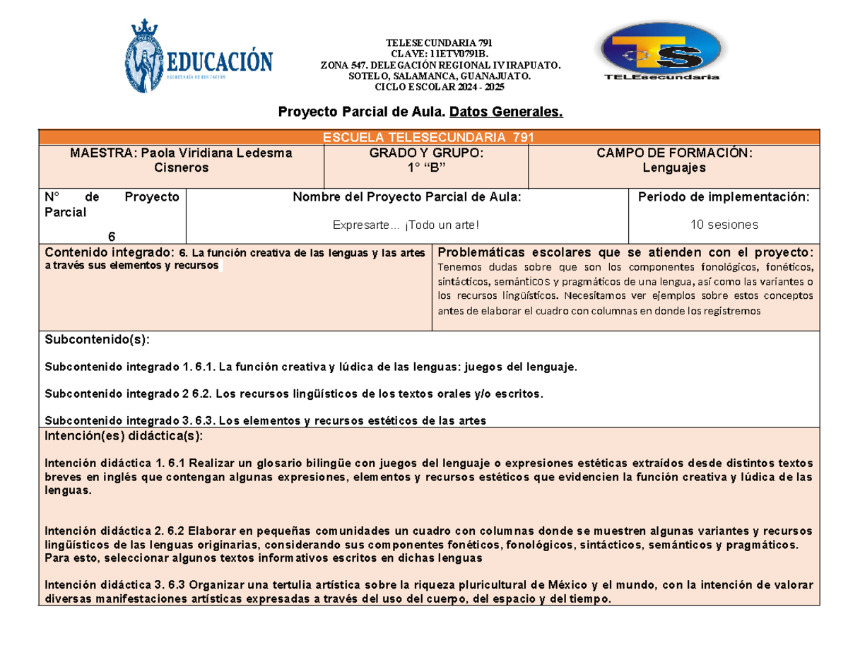 PPA 1° B: Proyecto de Aula sobre Lenguajes y Expresión Artística - Studocu