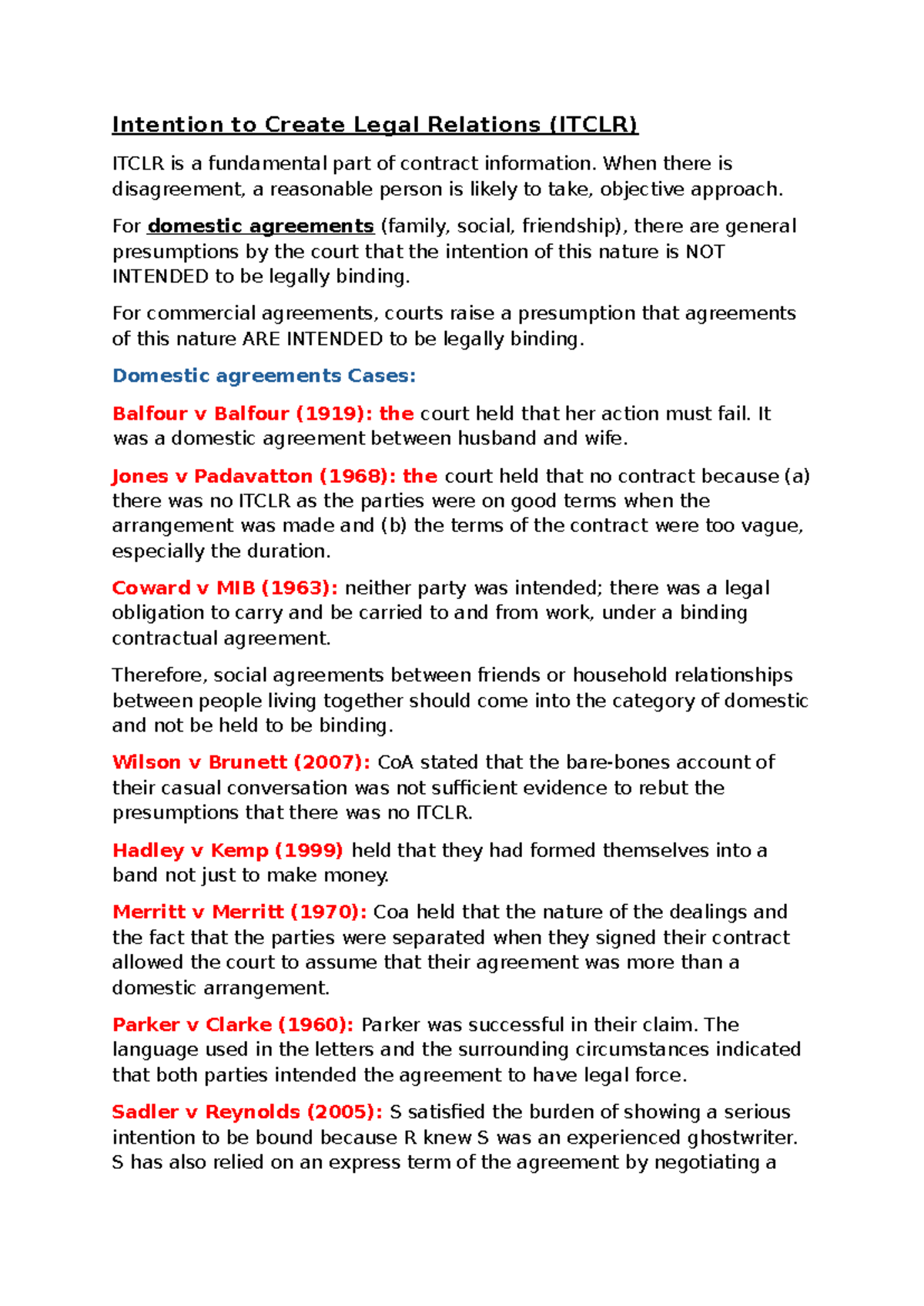 L4 - Intention to Create Legal Relations: Key Cases & Principles - Studocu