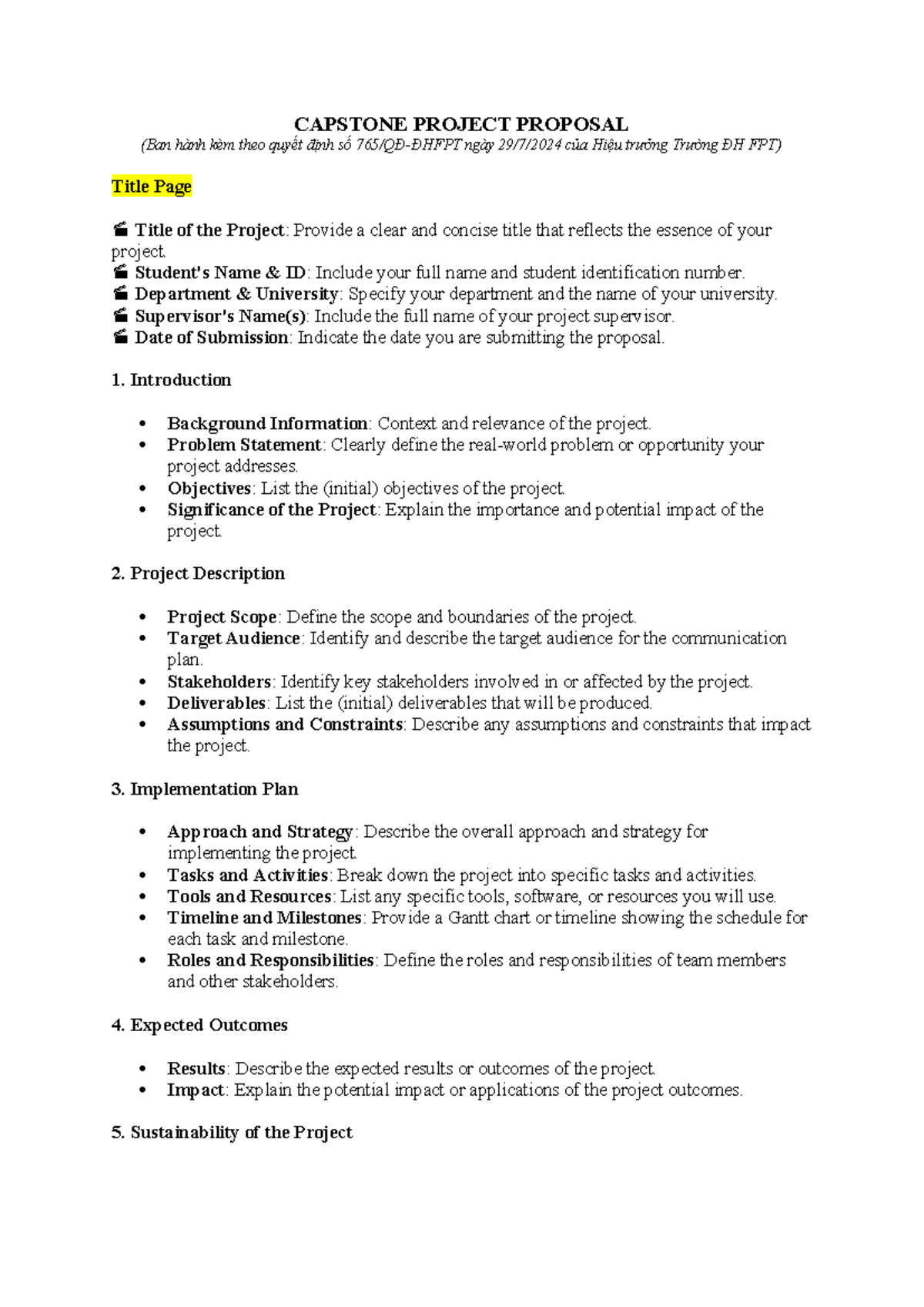 CAPSTONE PROJECT PROPOSAL - FPT University Guidelines - Studocu