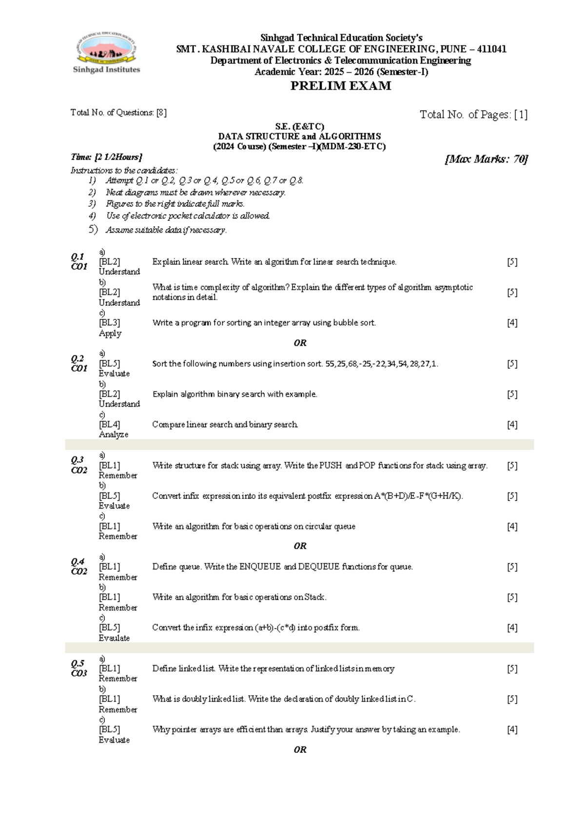 DSA Prelim Exam QP - 2025-26 SEM-I (Data Structures & Algorithms) - Studocu