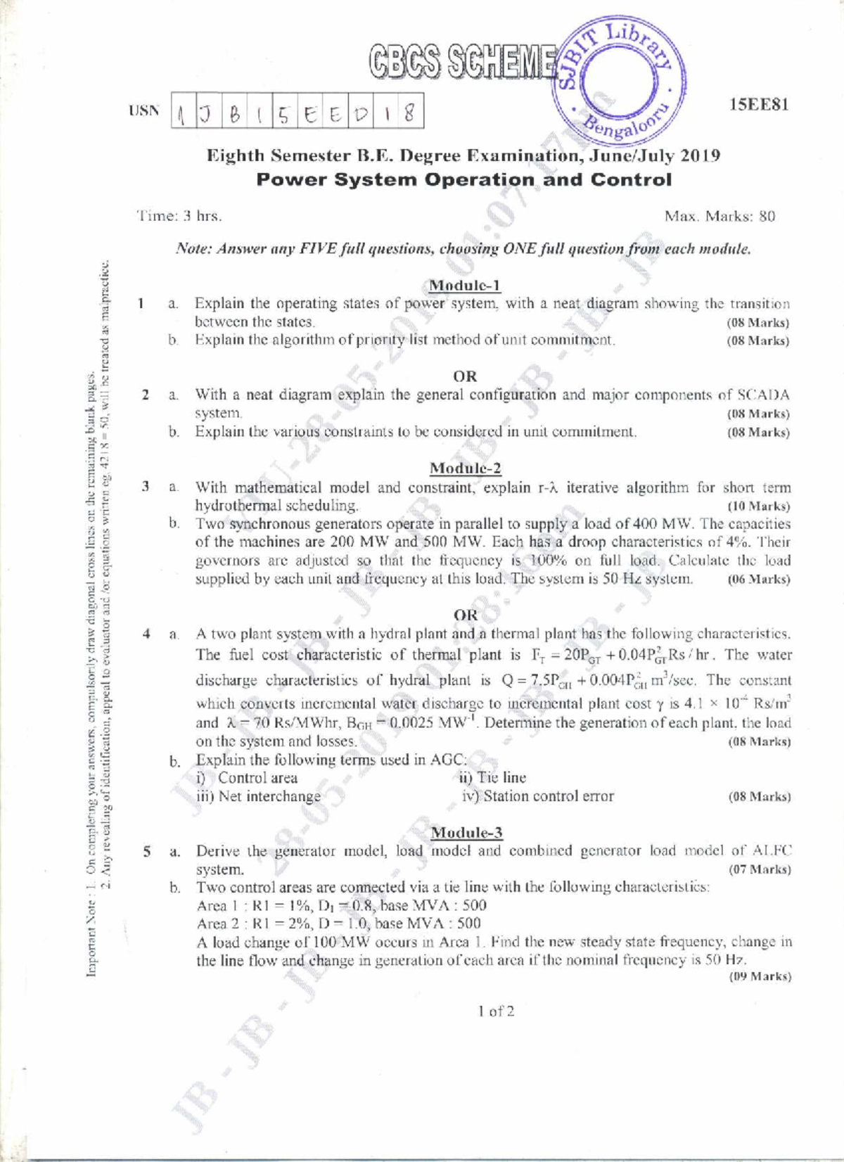 8th Sem EEE 15EE81 Final Exam Notes: Power System Operations & Control ...