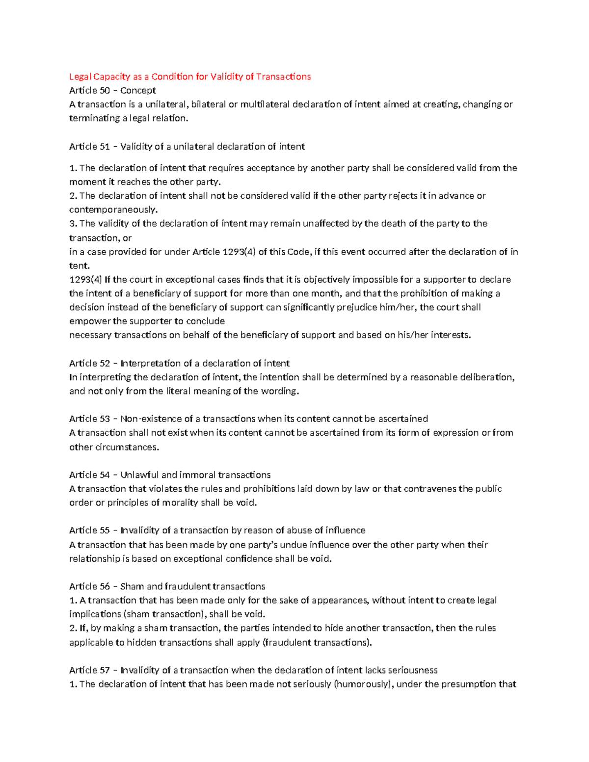 Legal Capacity and Validity of Transactions: Articles 50-172 Overview ...