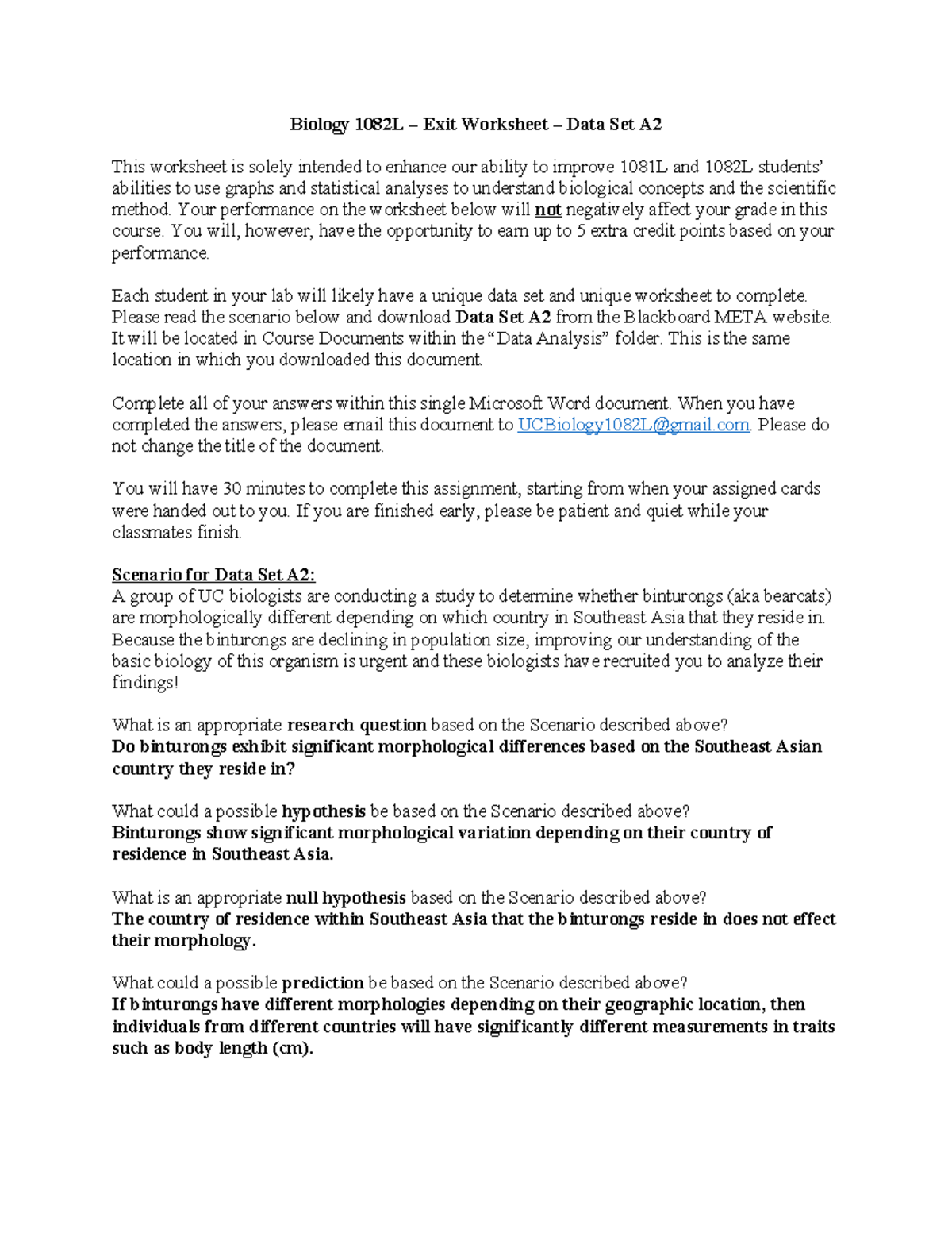 Biology 1082L - Exit Worksheet - Data Set A2 - Biology 1082L – Exit ...