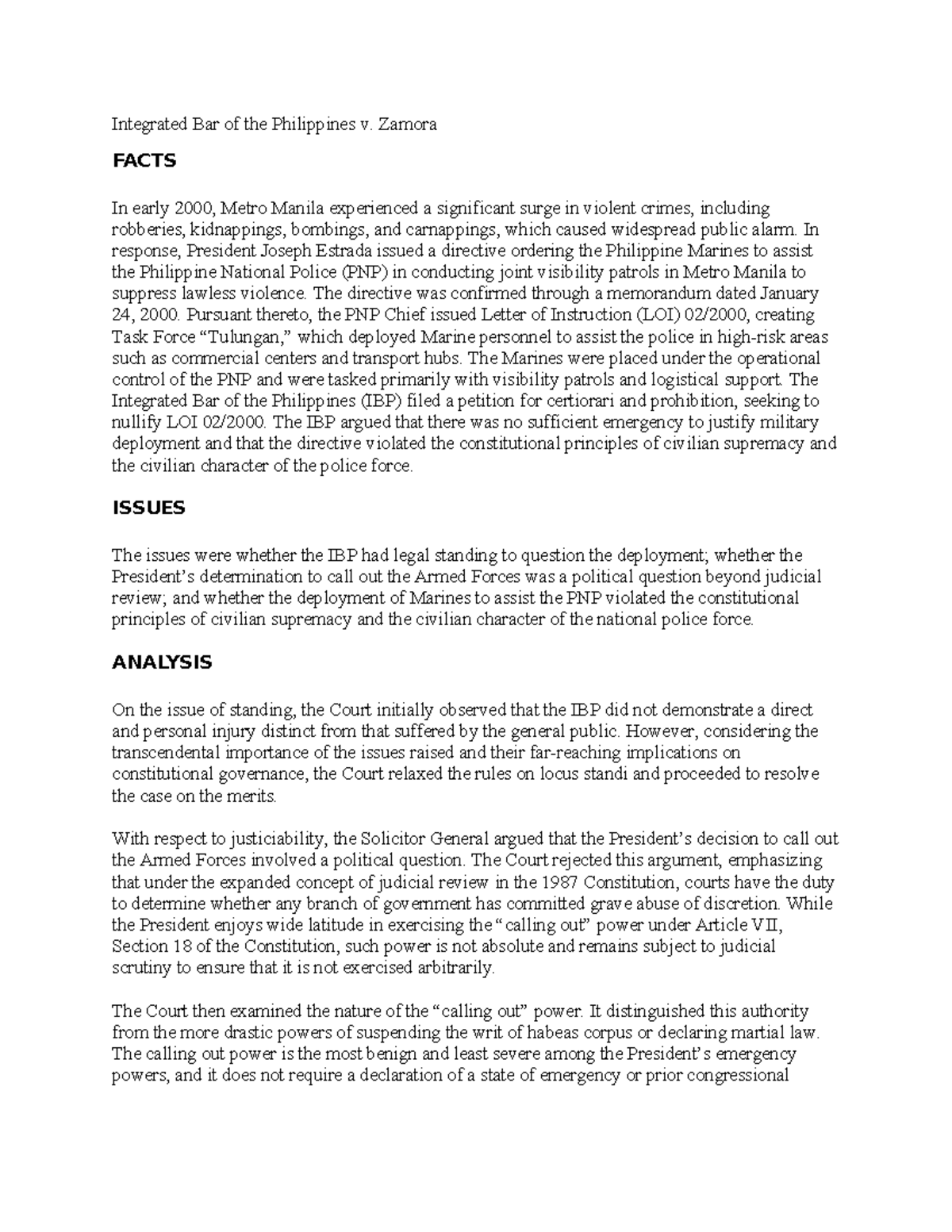 Integrated Bar of the Philippines v. Zamora: Case Analysis and Issues ...