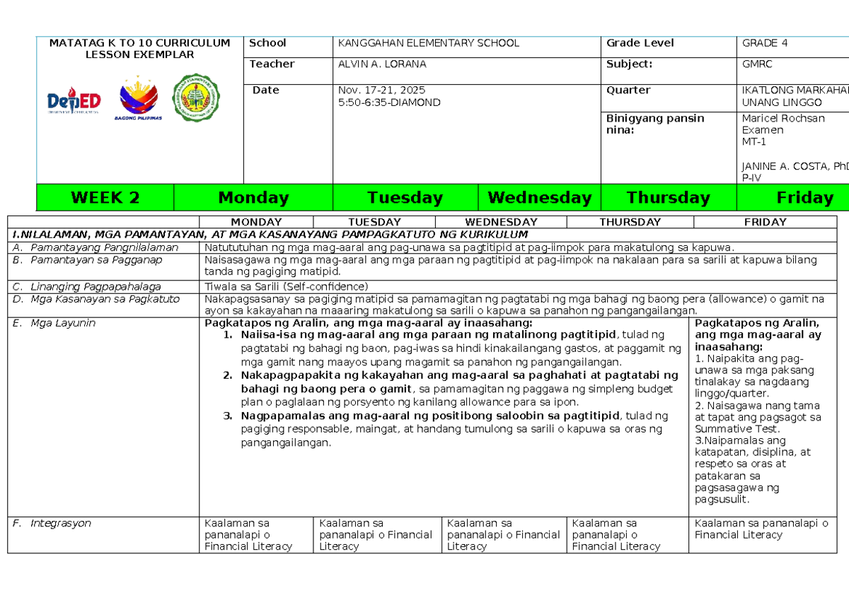 W2-DLP GMRC Q3: Pagtitipid at Pagiimpok para sa GRADE 4 - Studocu
