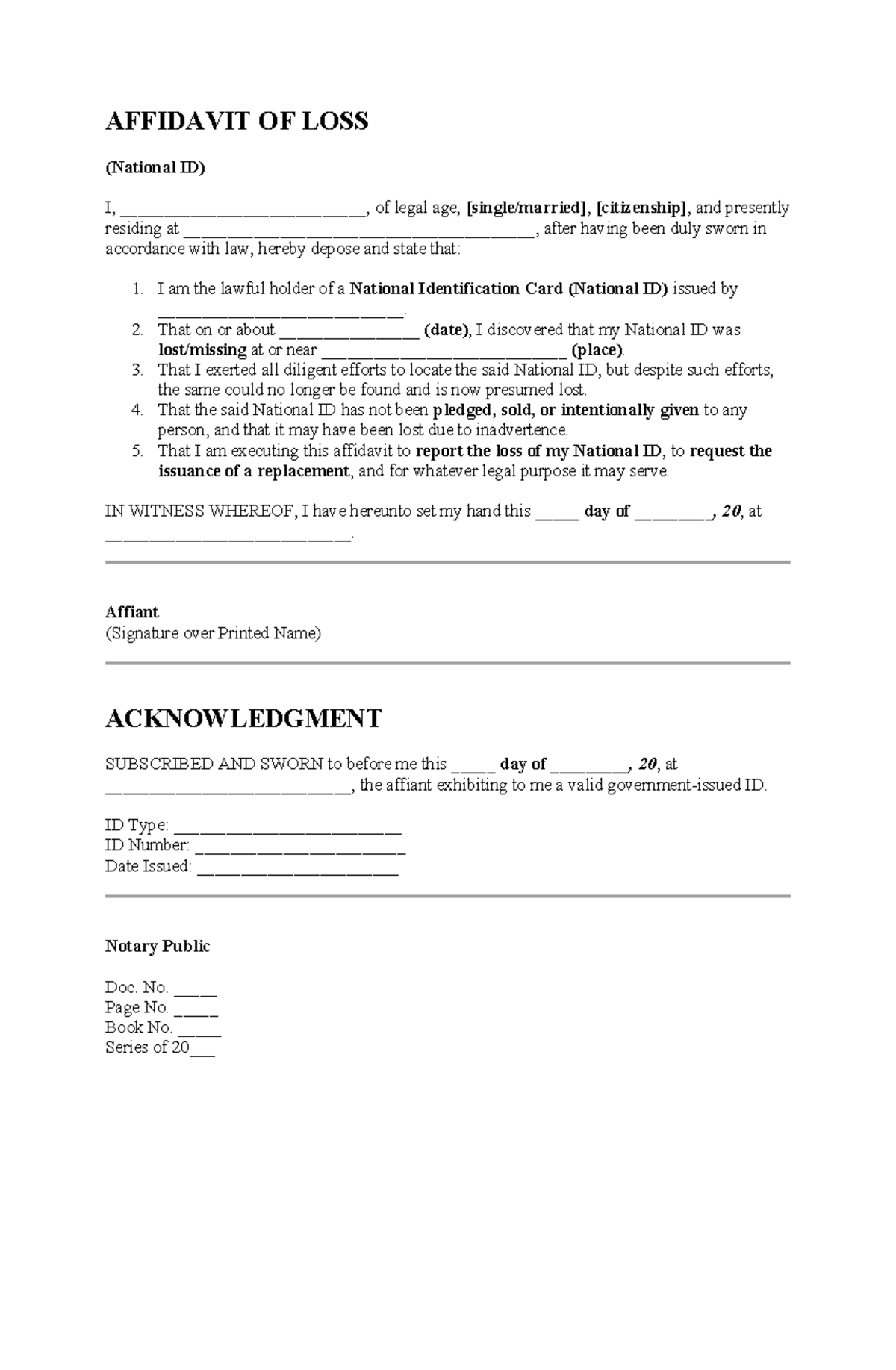 Affidavit of Loss for National ID Document - Studocu