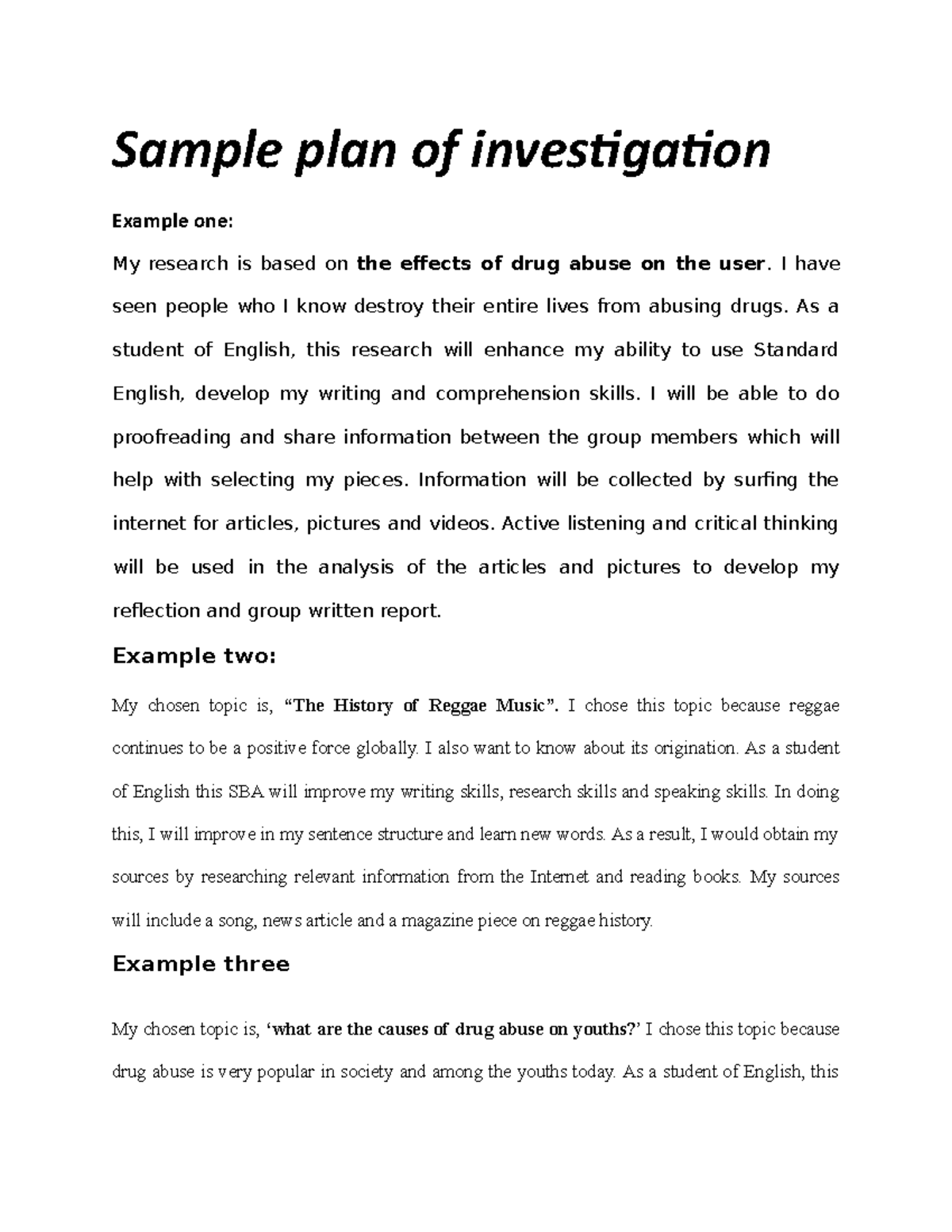 Sample plan of investigation - Sample plan of investigation Example one ...