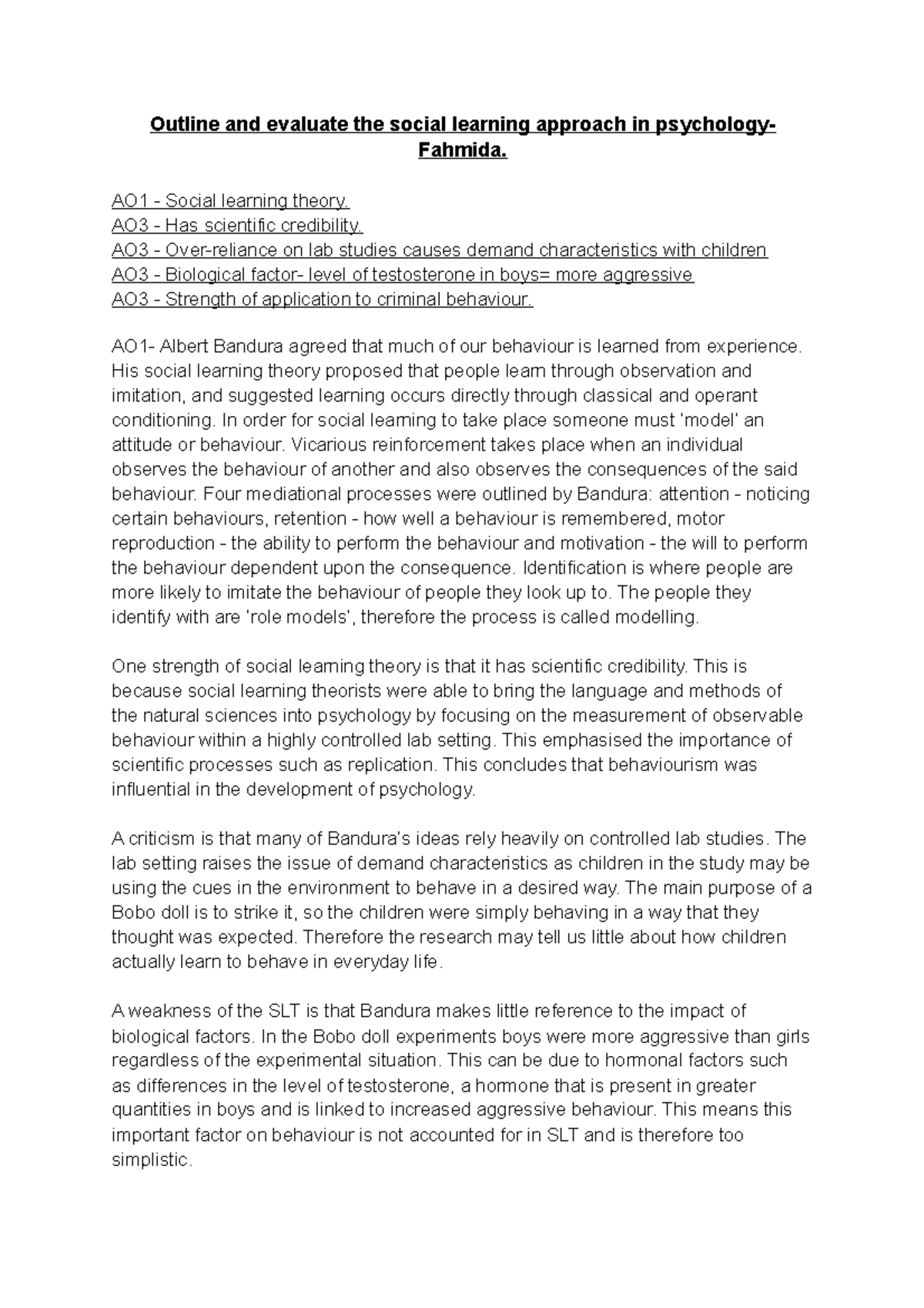 Social Learning Approach Essay - Outline and evaluate the social ...
