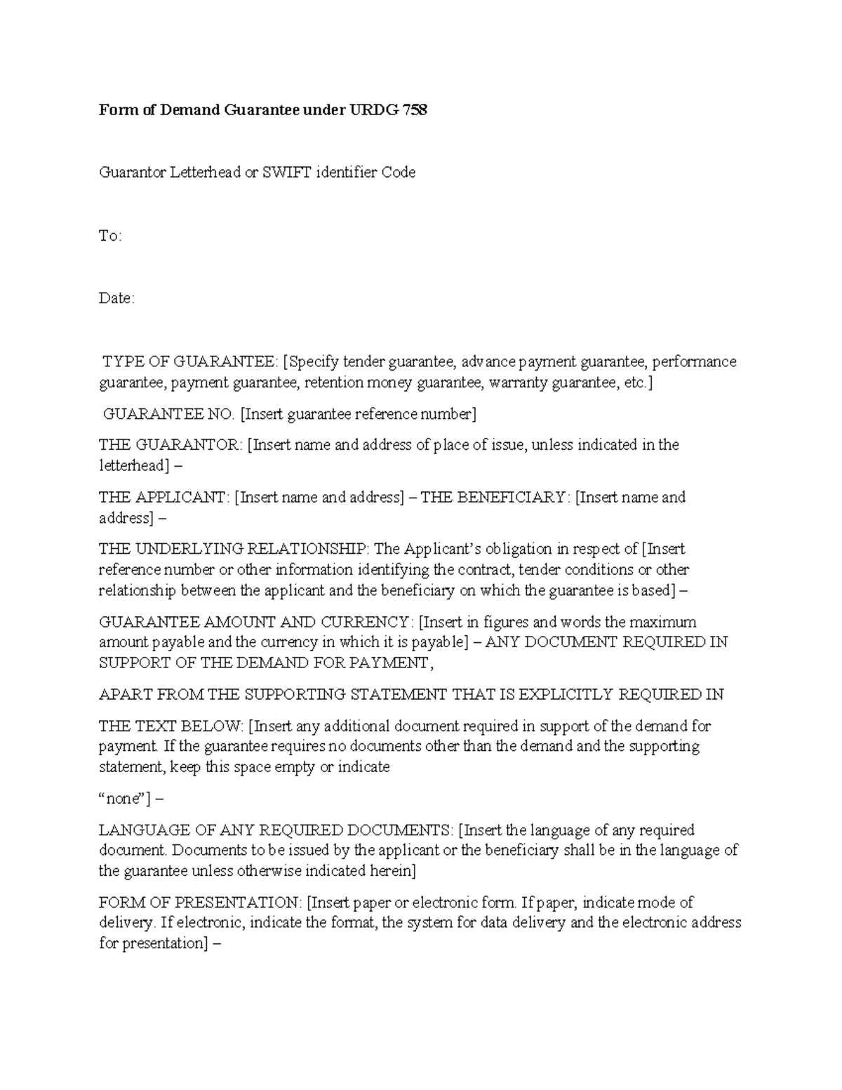 Demand Guarantee Form under URDG 758: Template & Guidelines - Studocu