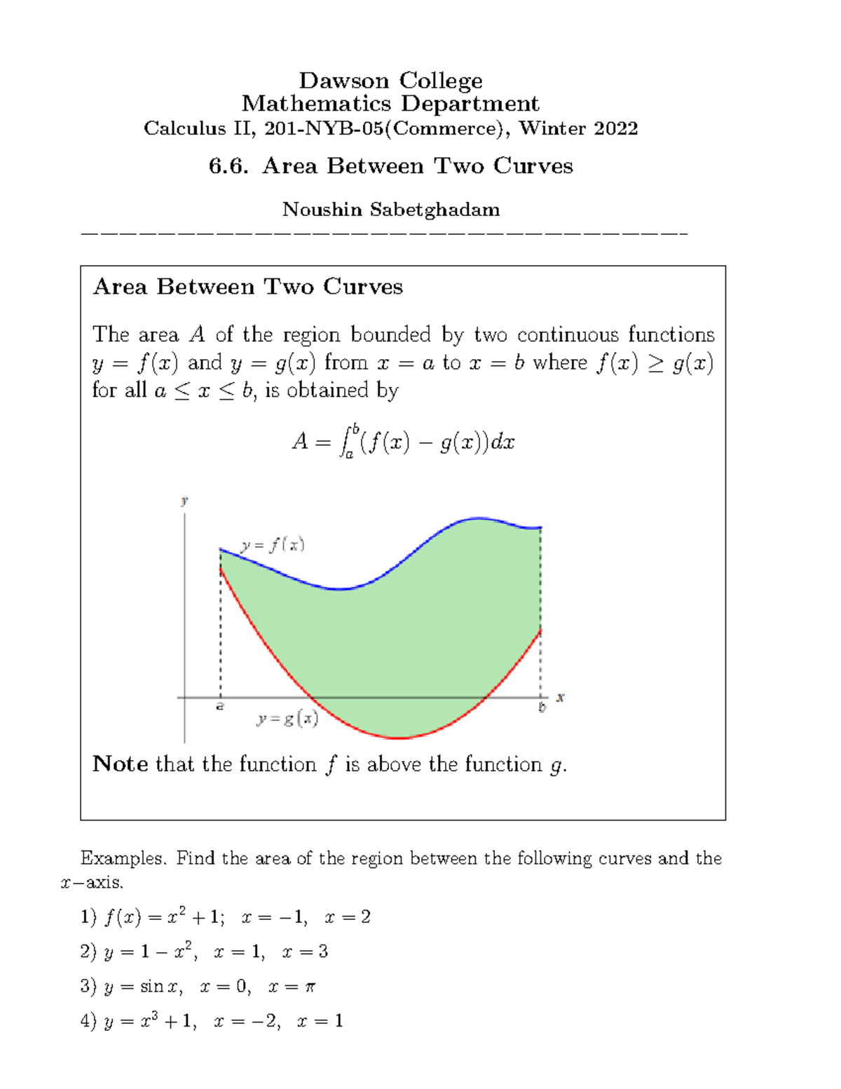 Dawson College MATH 202 Calculus II: Area Between Two Curves - Studocu