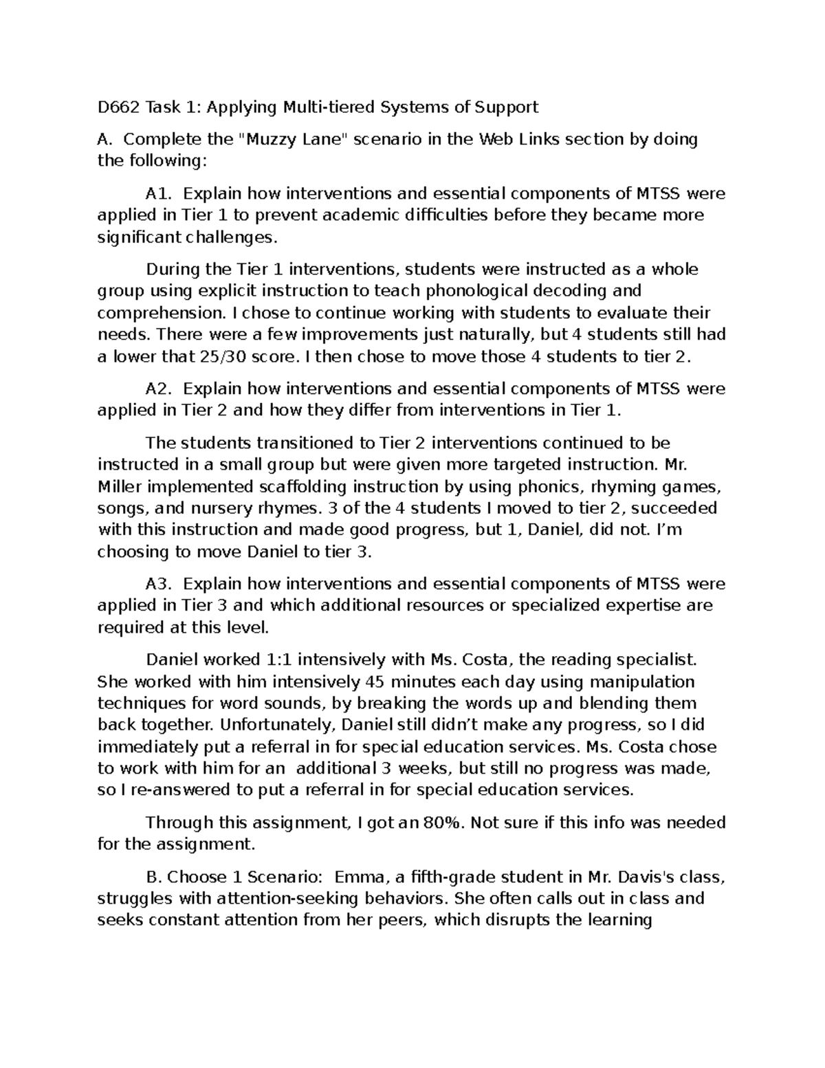 D662 Task 1: MTSS Interventions Across Tiers for Student Support - Studocu