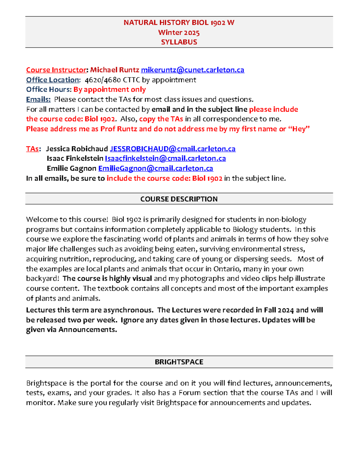Course Outline BIOL 1902 Natural History Winter 2025 Syllabus - Studocu