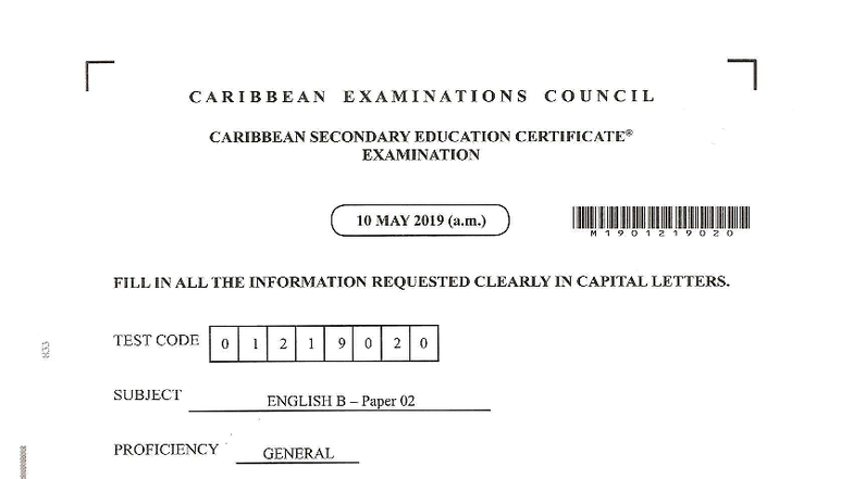 CSEC English B Paper 02 Exam - June 2019 - Studocu