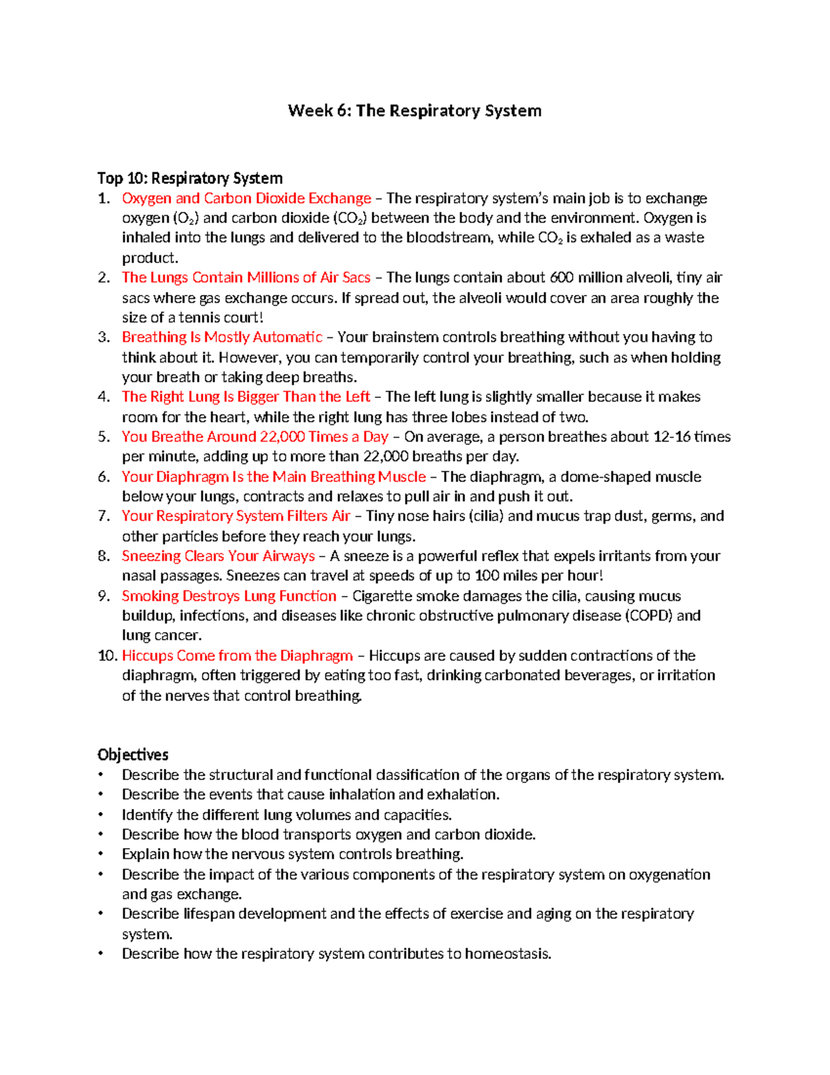 Week 6: Respiratory System Overview & Key Concepts (ANAT 101) - Studocu