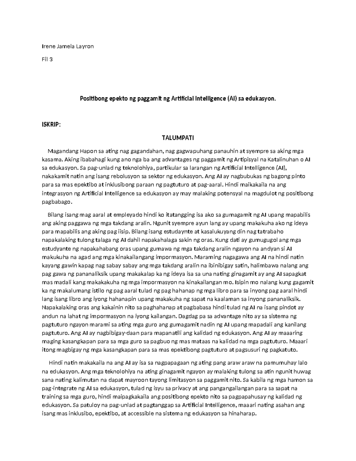 Positibong Epekto ng AI sa Edukasyon: Layron (Fil 3 - Talumpati) - Studocu