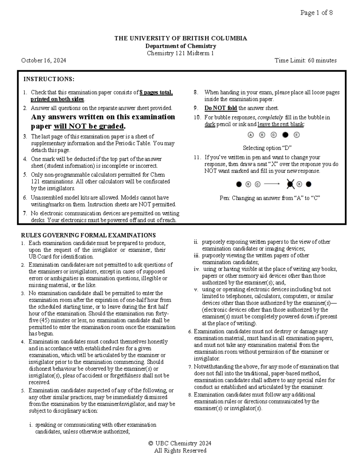 UBC CHEM 121 Midterm 1 Exam Instructions & Guidelines - Studocu