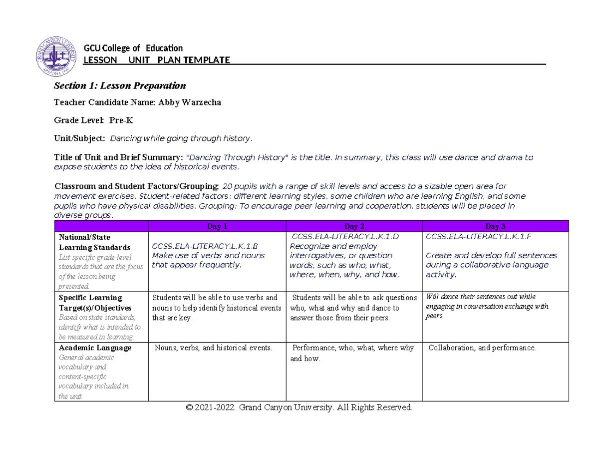 GCU EDU 123 3-Day Unit Plan: Dance & History Integration - Studocu
