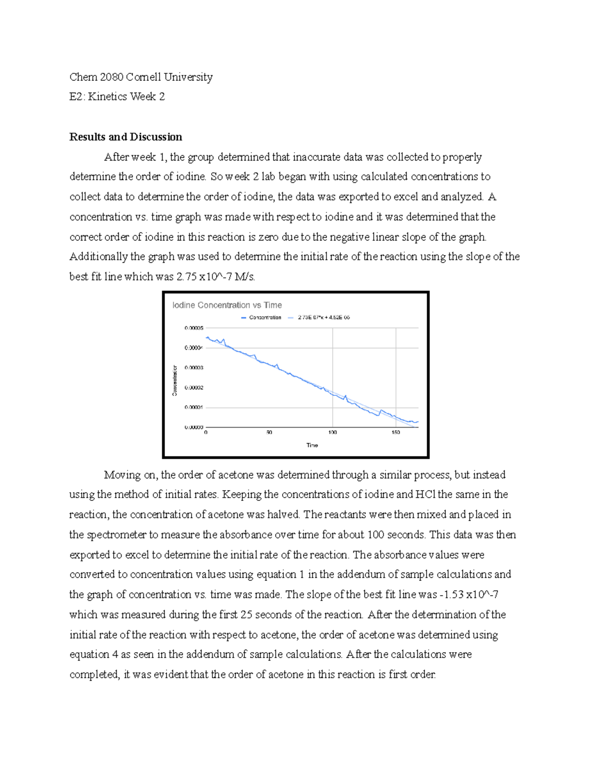Chem 2080 E2 - Kinetics Results & Discussion Week 2 Analysis - Studocu
