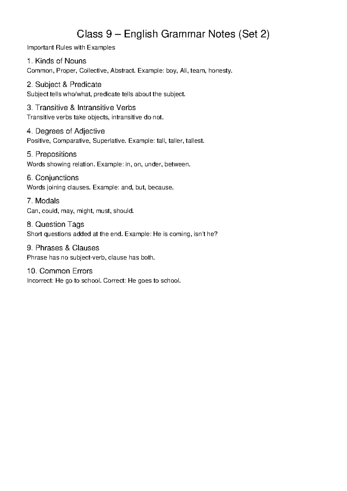 Class 9 English Grammar Notes (Set 2) - Key Rules & Examples - Studocu