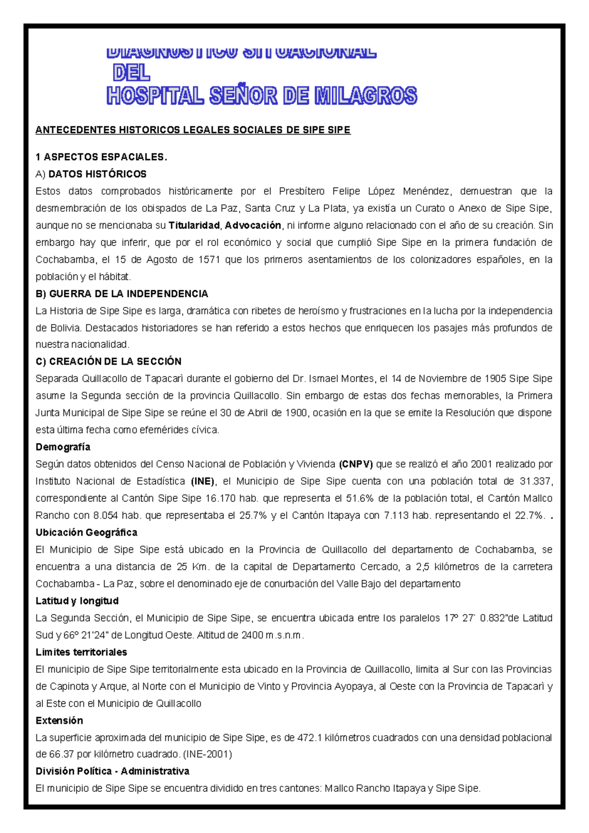 Diagnóstico Situacional de Sipe Sipe: Aspectos Históricos y Sociales ...