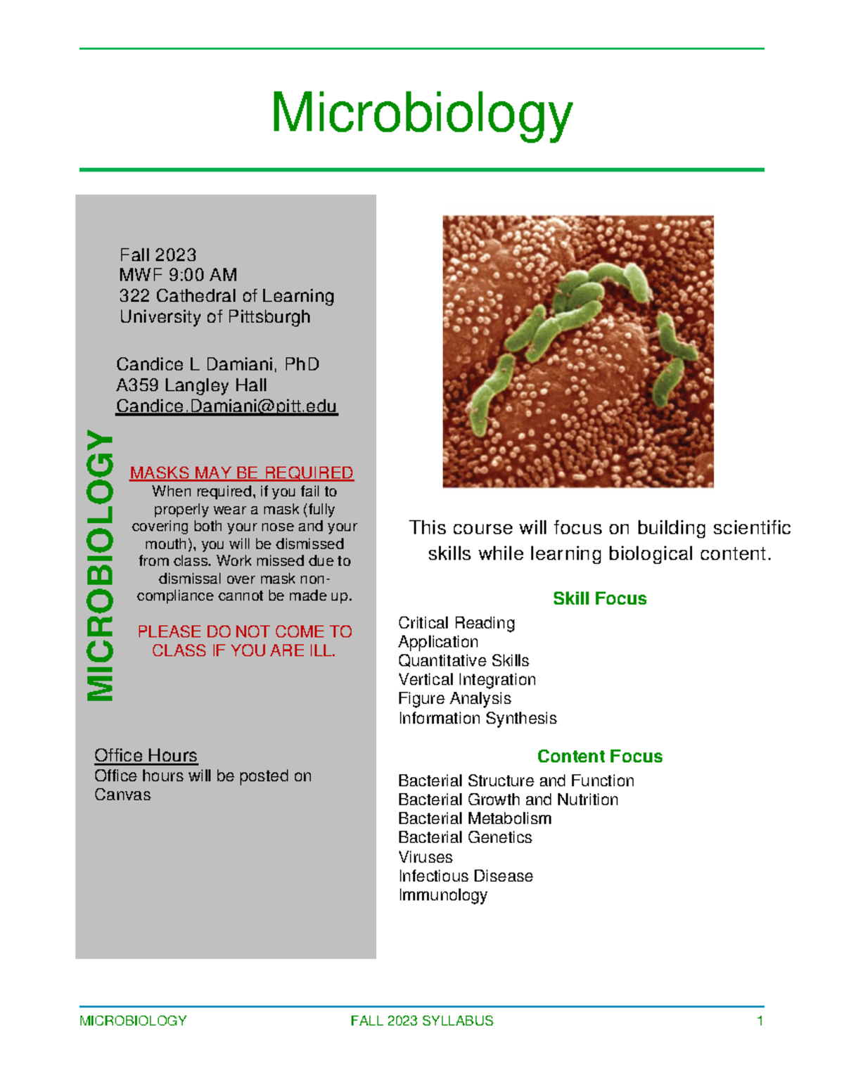 Microbiology Syllabus - Fall 2023 - Dr. Candice L. Damiani - Studocu