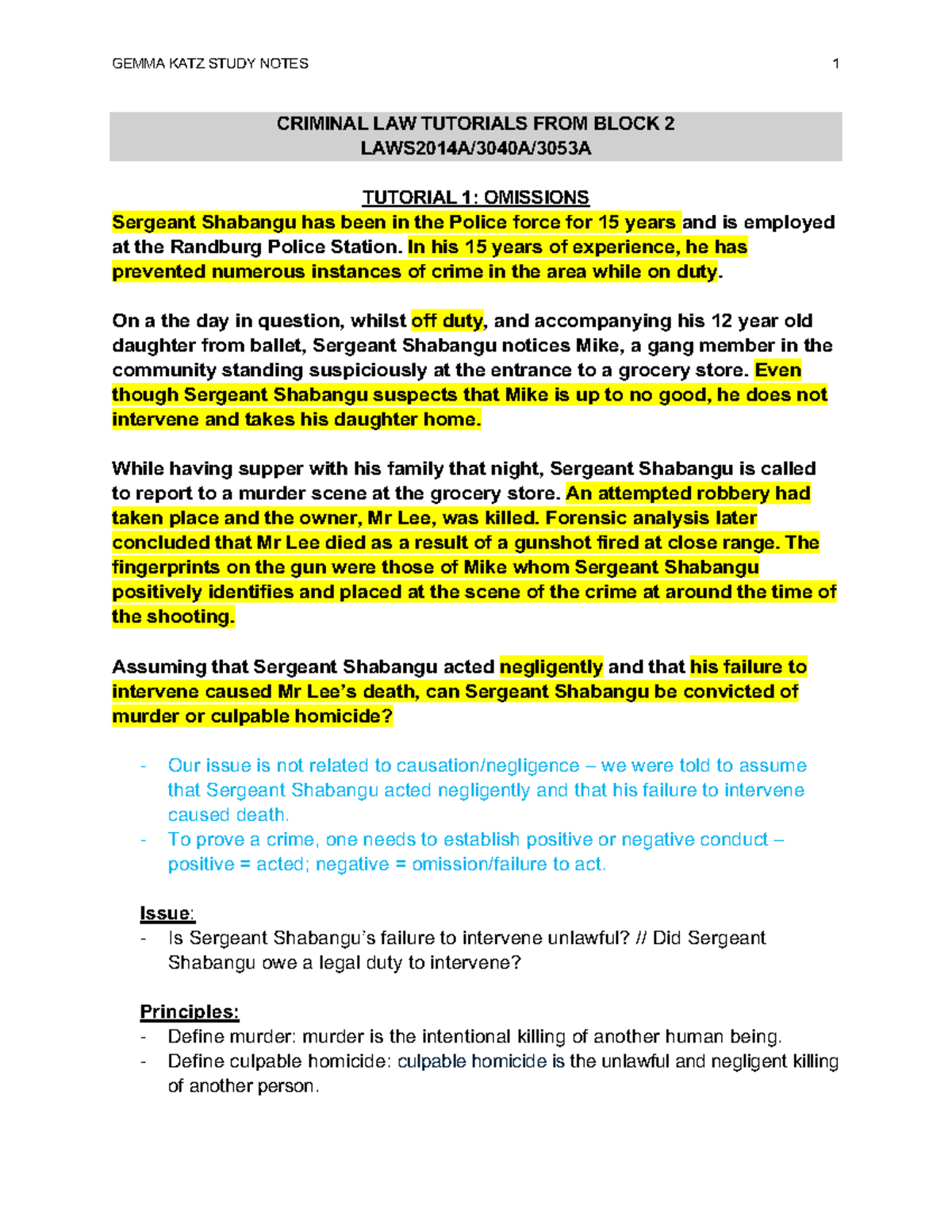 Criminal Law - Block 2 Tutorials: Omissions and Liability Analysis - Studocu
