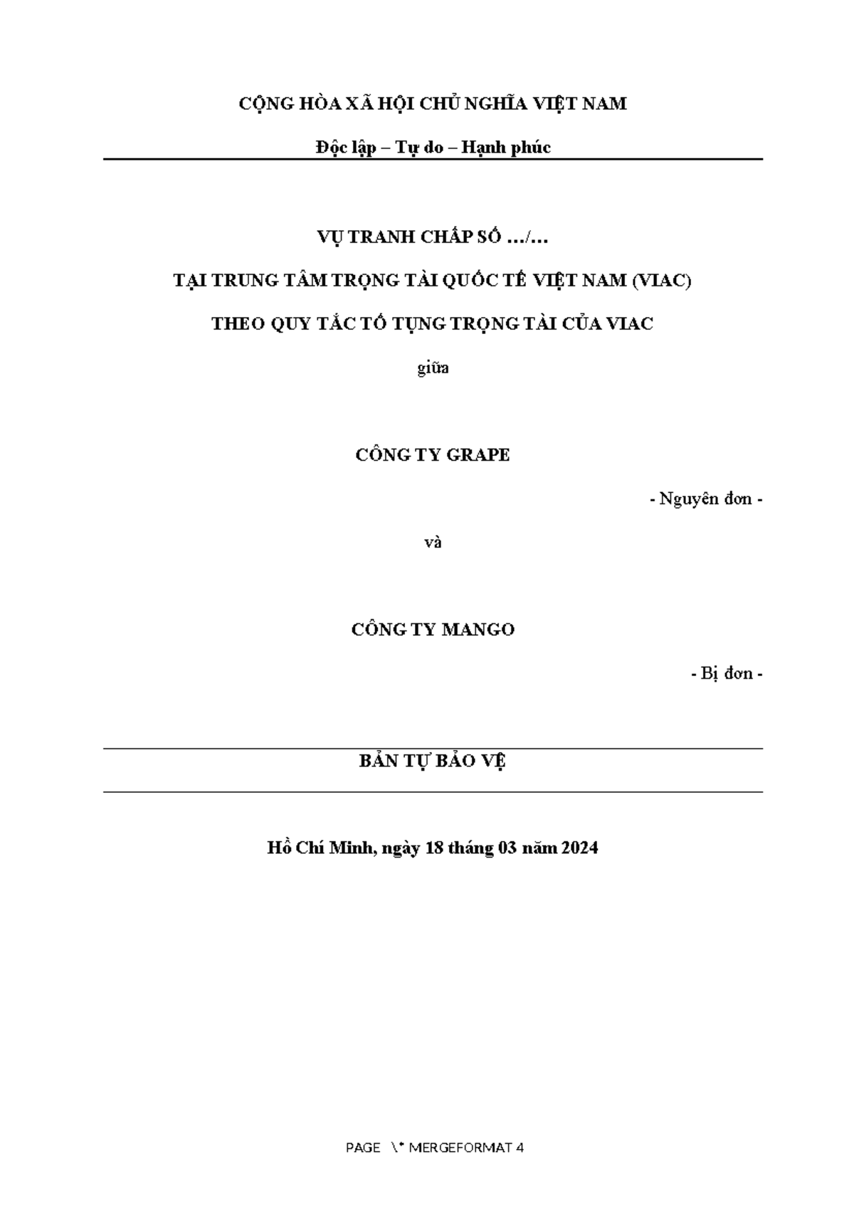 Bản Tự Bảo Vệ VIAC Số 02 Giữa Công Ty Grape và Công Ty Mango - Studocu