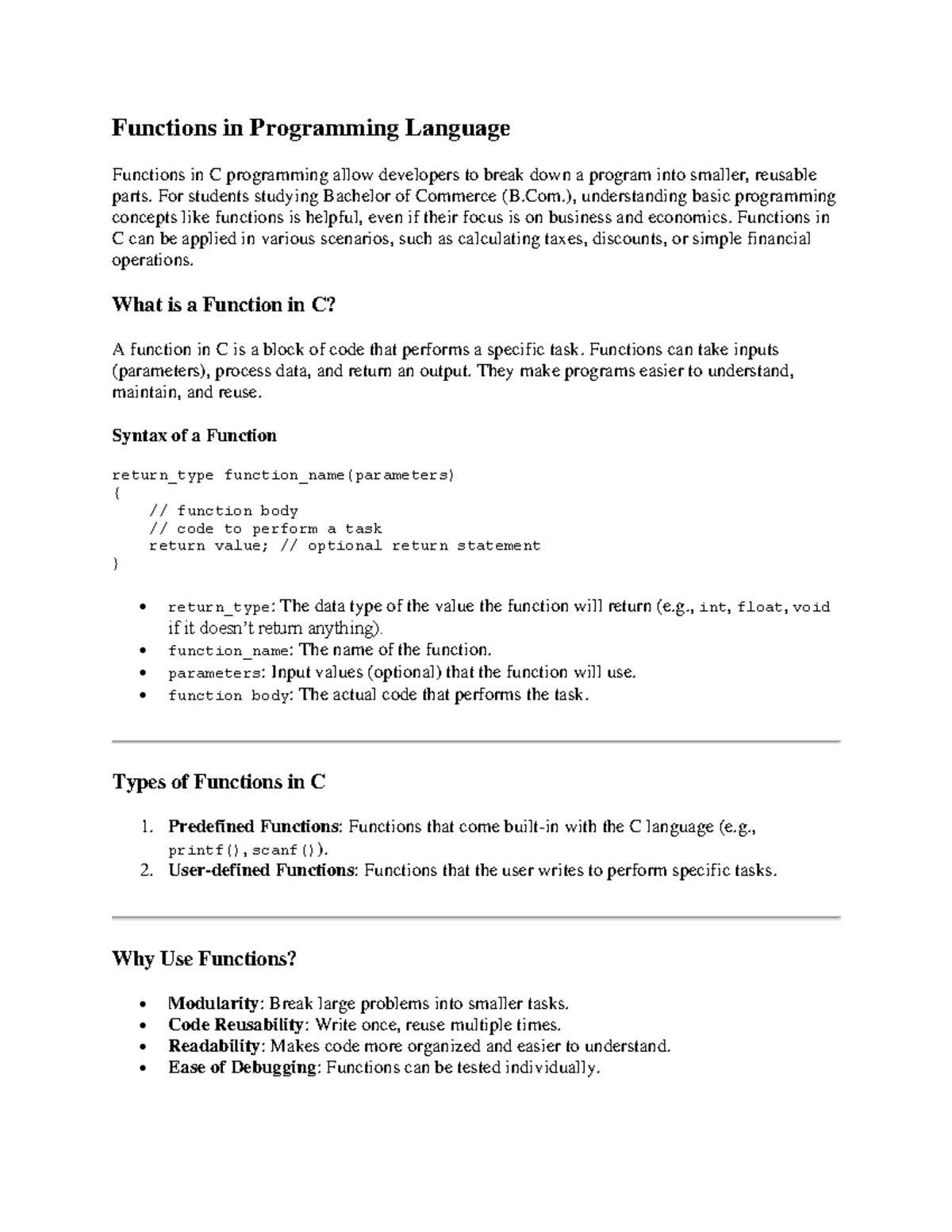 Lecture 7: Functions in C Programming for B.Com. Students - Studocu