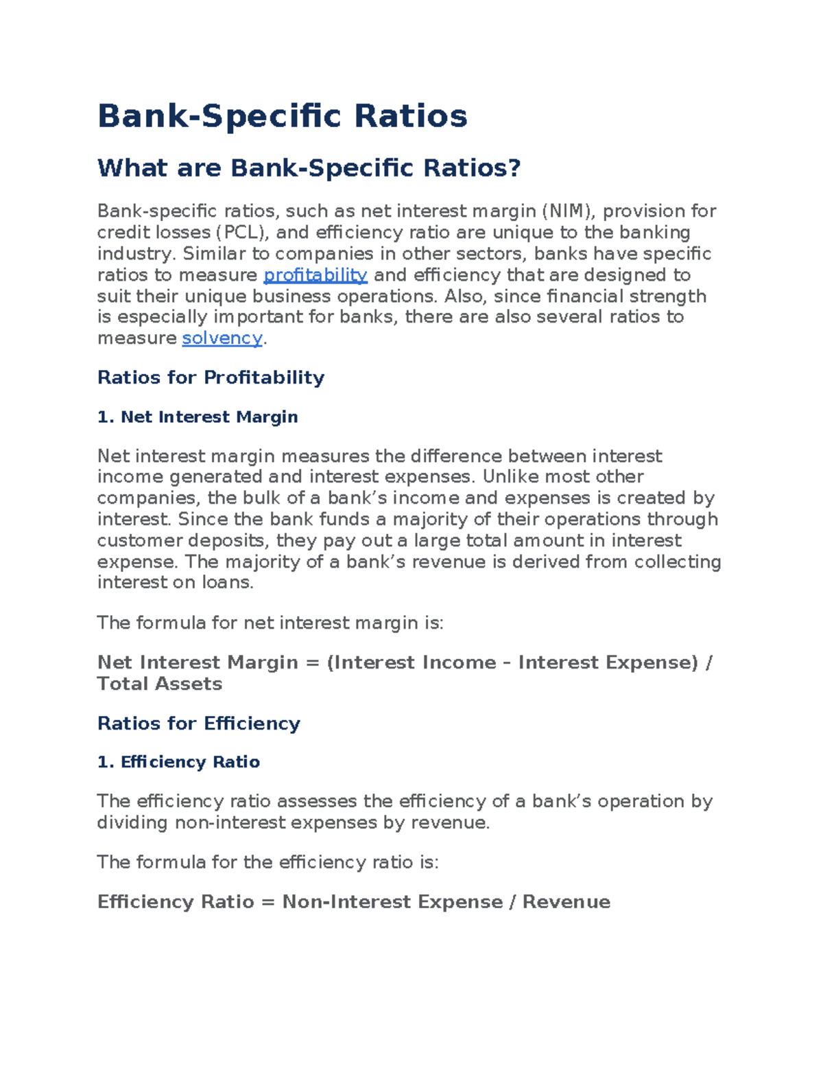 Bank's Unique Ratios: Class Notes on NIM, PCL, and Efficiency - Studocu