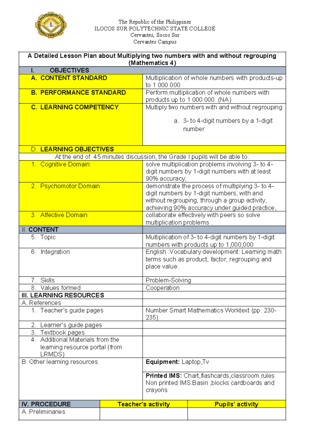 Detailed Lesson Plan on Multiplying Numbers (Math 4) - Studocu