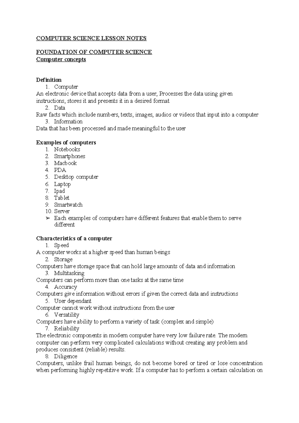 Introduction TO Computer Simplified Notes - COMPUTER SCIENCE LESSON ...