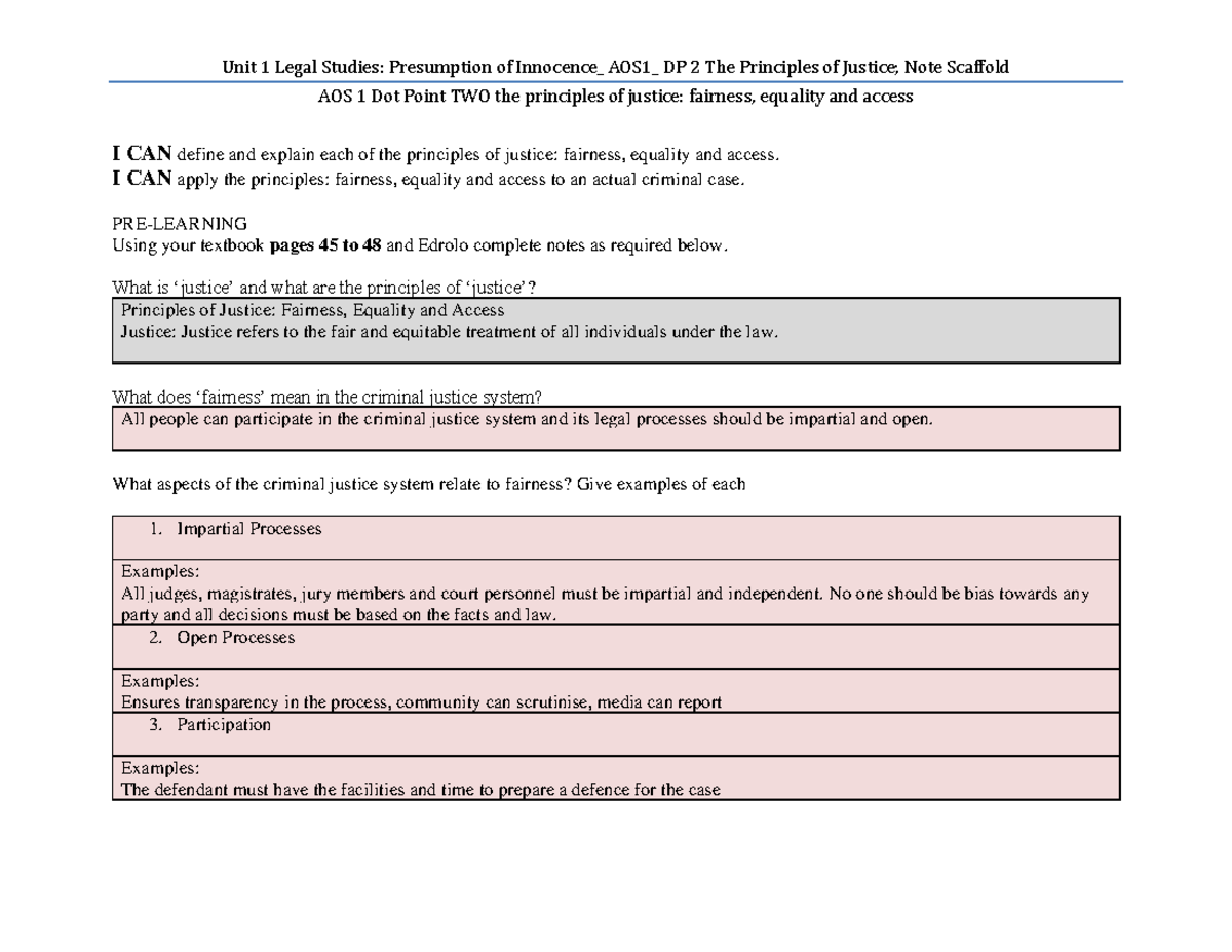 U1 Legal Studies AOS1 DP2: Principles of Justice Scaffold Notes 2024 ...