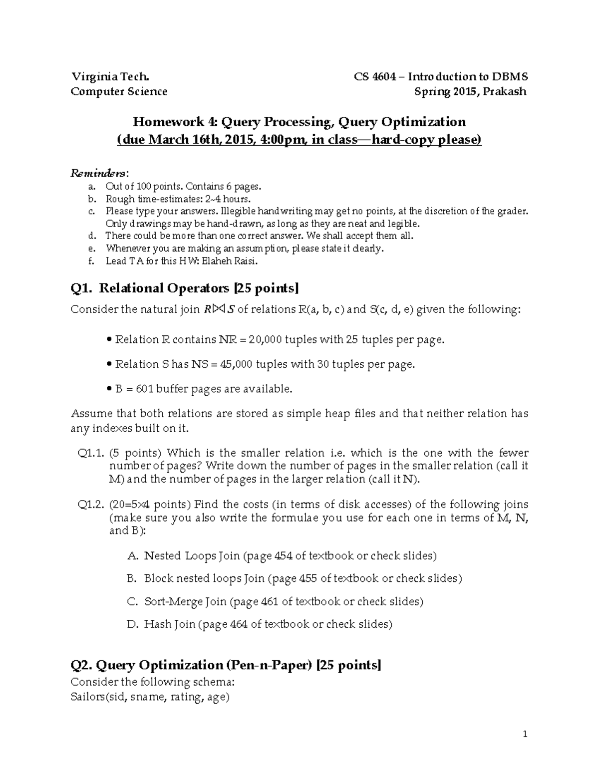 CS 4604 - Homework 4: Query Processing & Optimization (Spring 2015) - Studocu