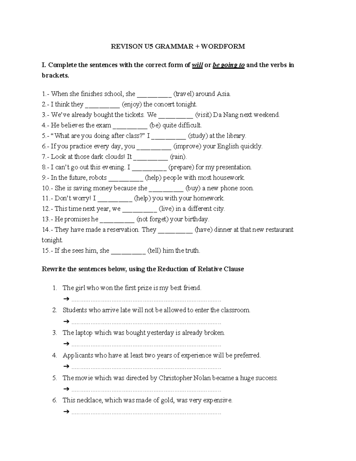 Revision U5 Grammar: Word Form & Relative Clauses Practice - Studocu