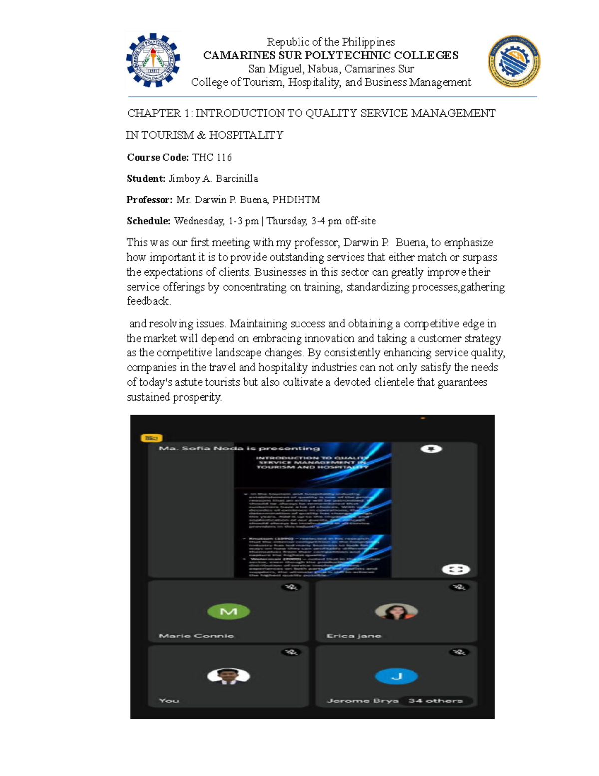 Narrative Report Format on Quality Service Management (THC 116) - Studocu