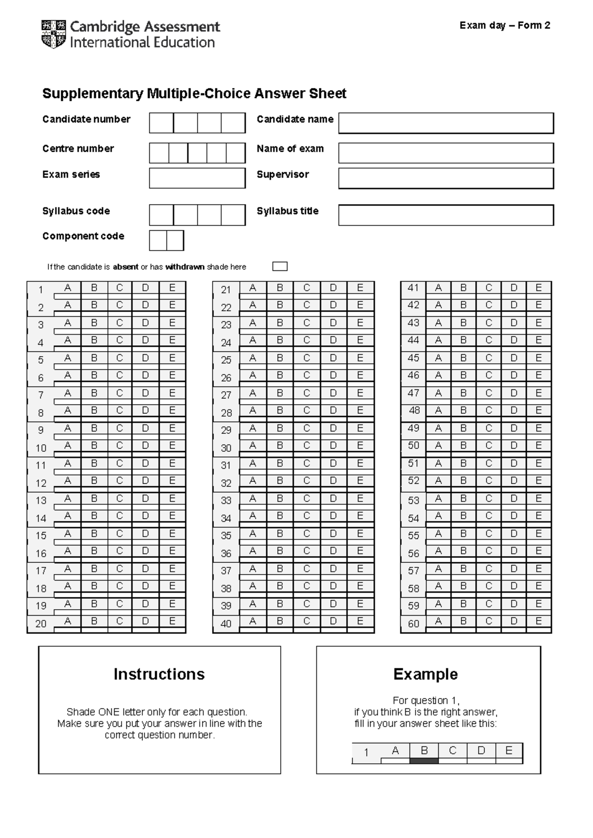 86445 supplementary multiple choice answer sheet exam day form 2 - Exam day – Form 2 ...