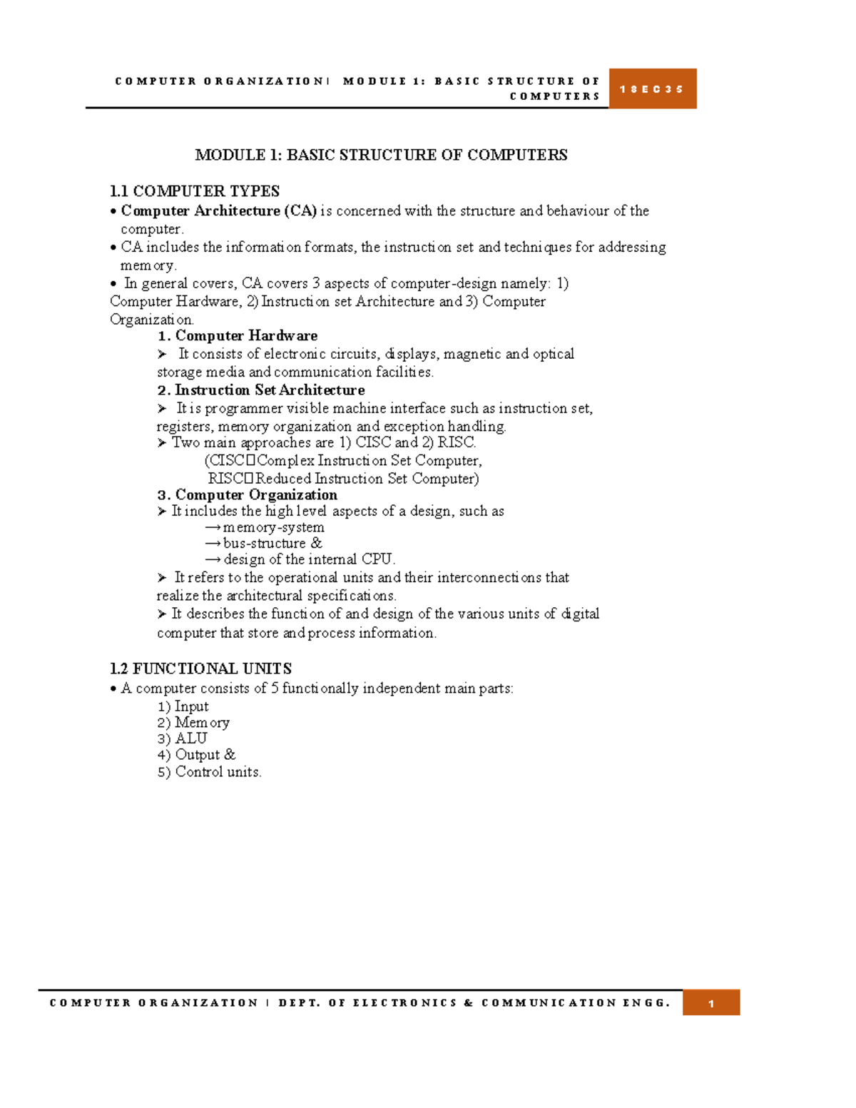 Module 1 - Computer Organization 18EC35: Basic Structure and Operations ...