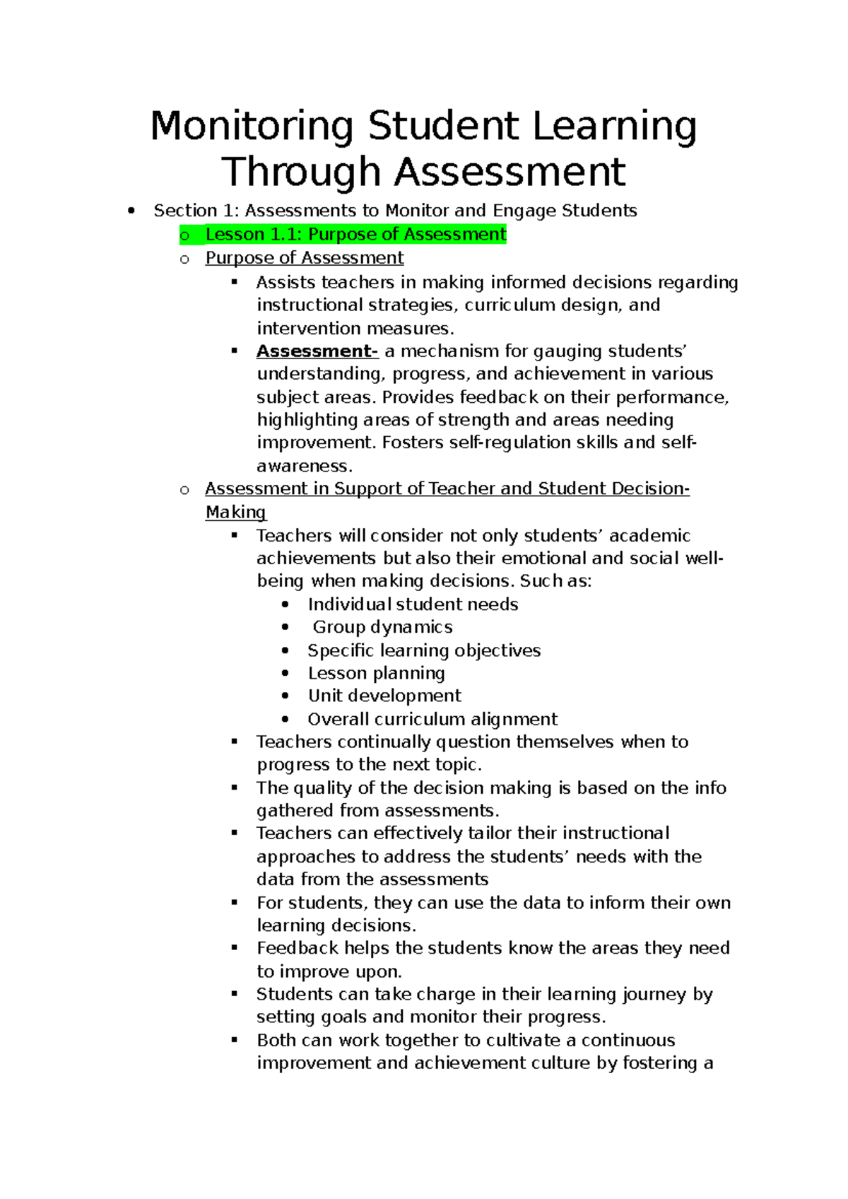 EDU 101: Monitoring Student Learning Through Assessments - Studocu