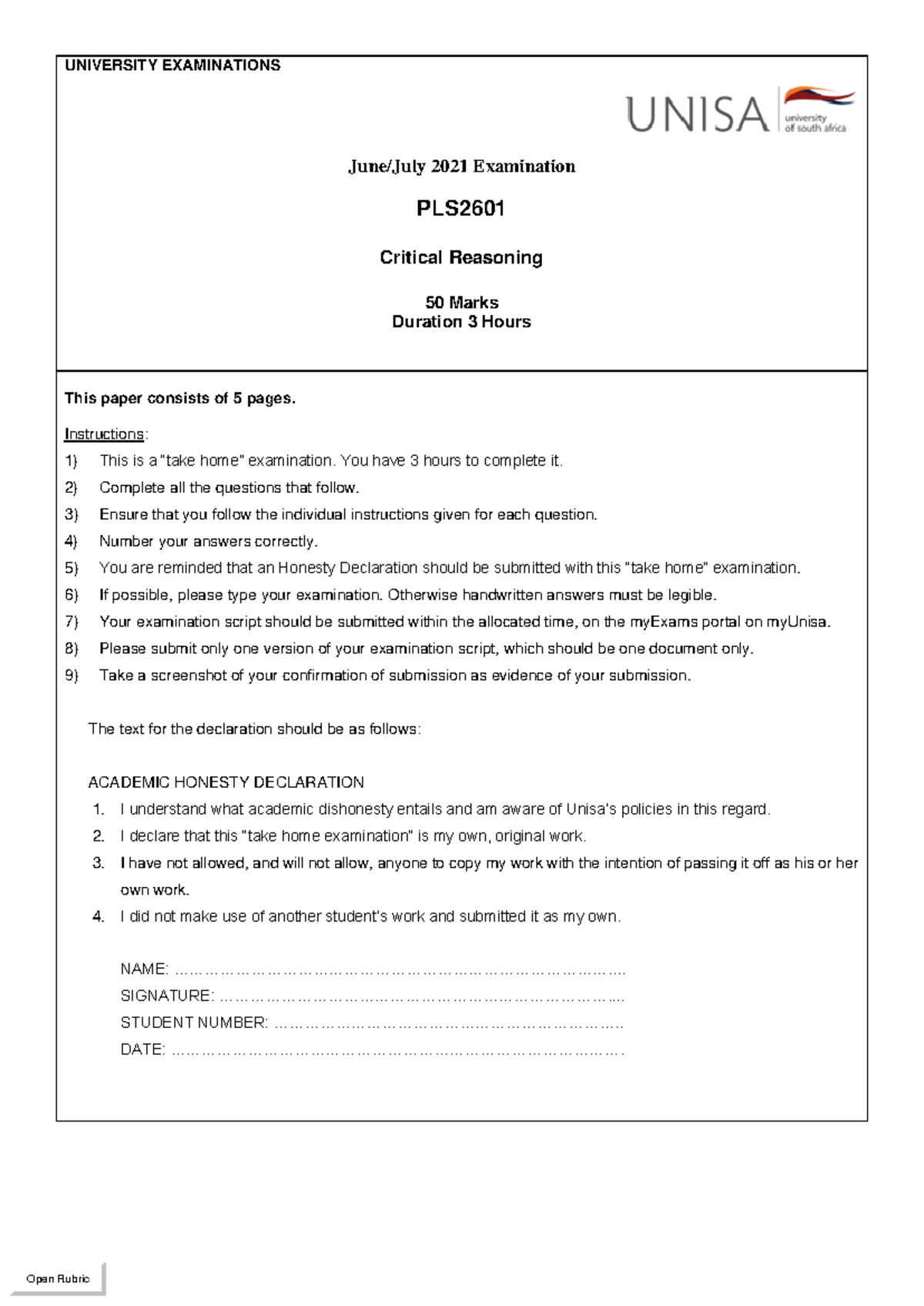 PLS2601 - 2021 June/July ECP Critical Reasoning Take Home Exam - Studocu